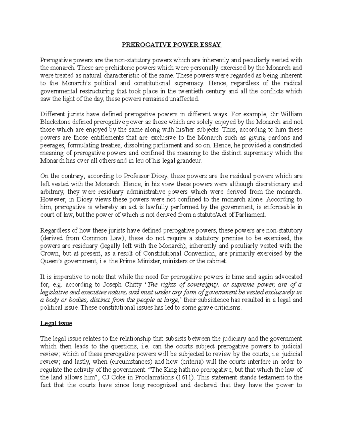 Prerogative Power Essay - PREROGATIVE POWER ESSAY Prerogative powers ...
