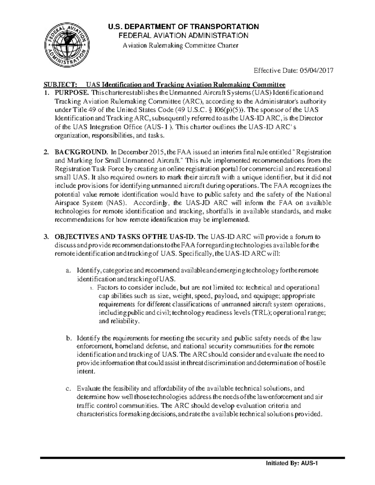 UAS ID and Tracking ARC Charter Membership - U. DEPARTMENT OF ...