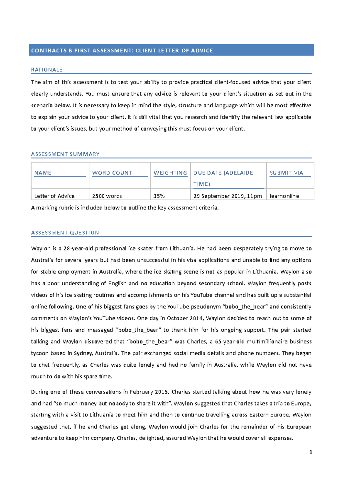 Client Letter of Advice Instructions Marking Guide - CONTRACTS B FIRST ...