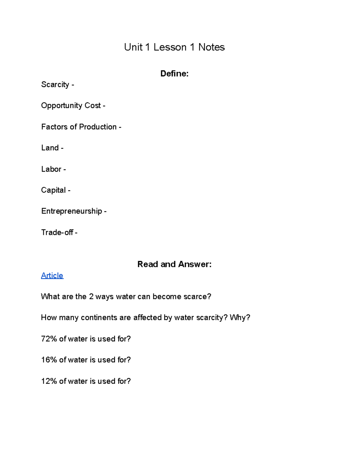 Lesson 1 Fill In Notes 2024 - Unit 1 Lesson 1 Notes Define: Scarcity ...