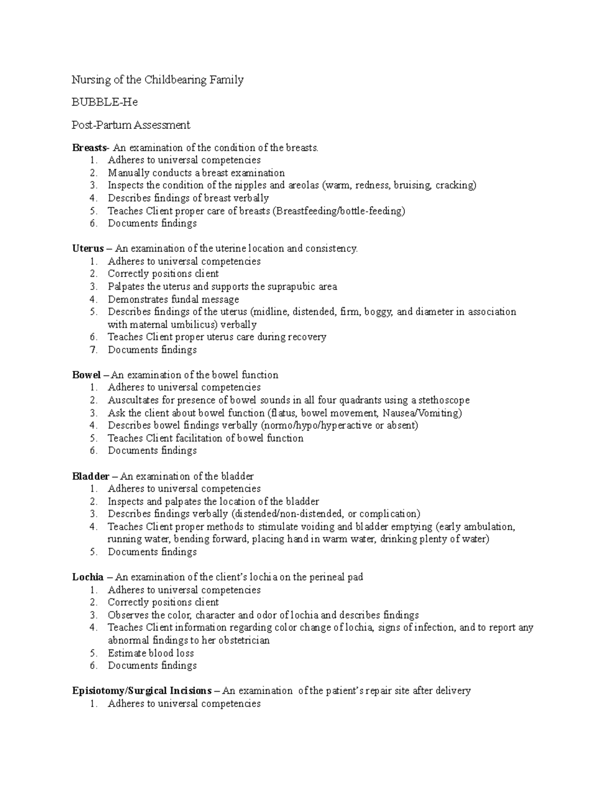 Bubble Check off - Nursing of the Childbearing Family BUBBLE-He Post ...