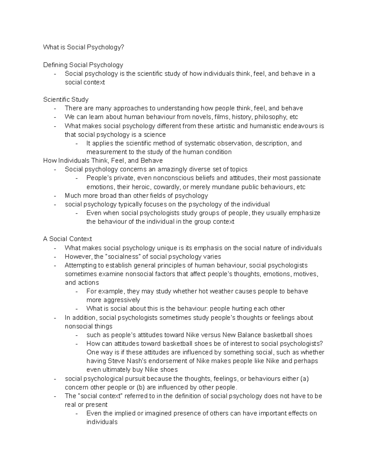 Psyc 379 - Unit 1 Chapter Summary - What is Social Psychology? Defining ...