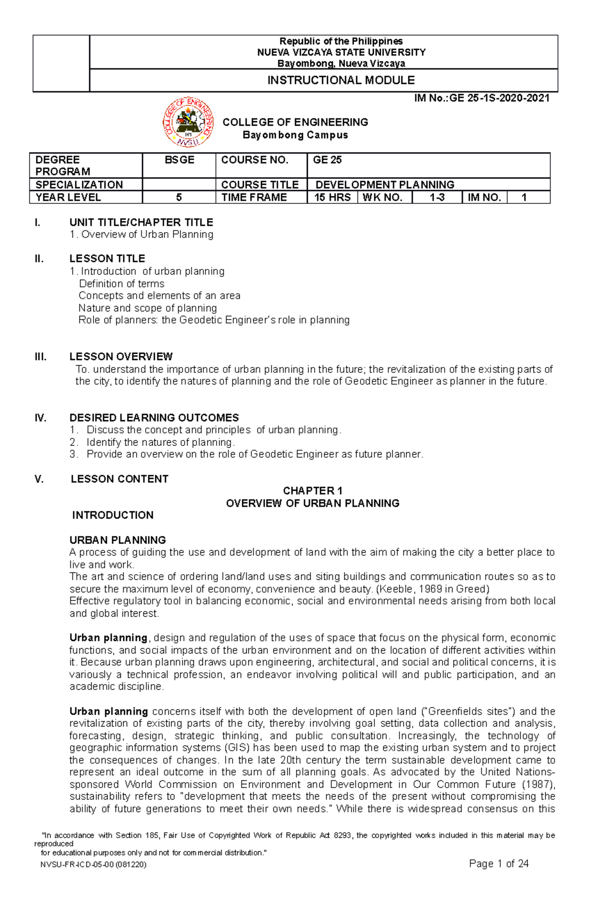 IM DEV PLAN 1 - Development planning - NUEVA VIZCAYA STATE UNIVERSITY Bayombong, Nueva Vizcaya ...
