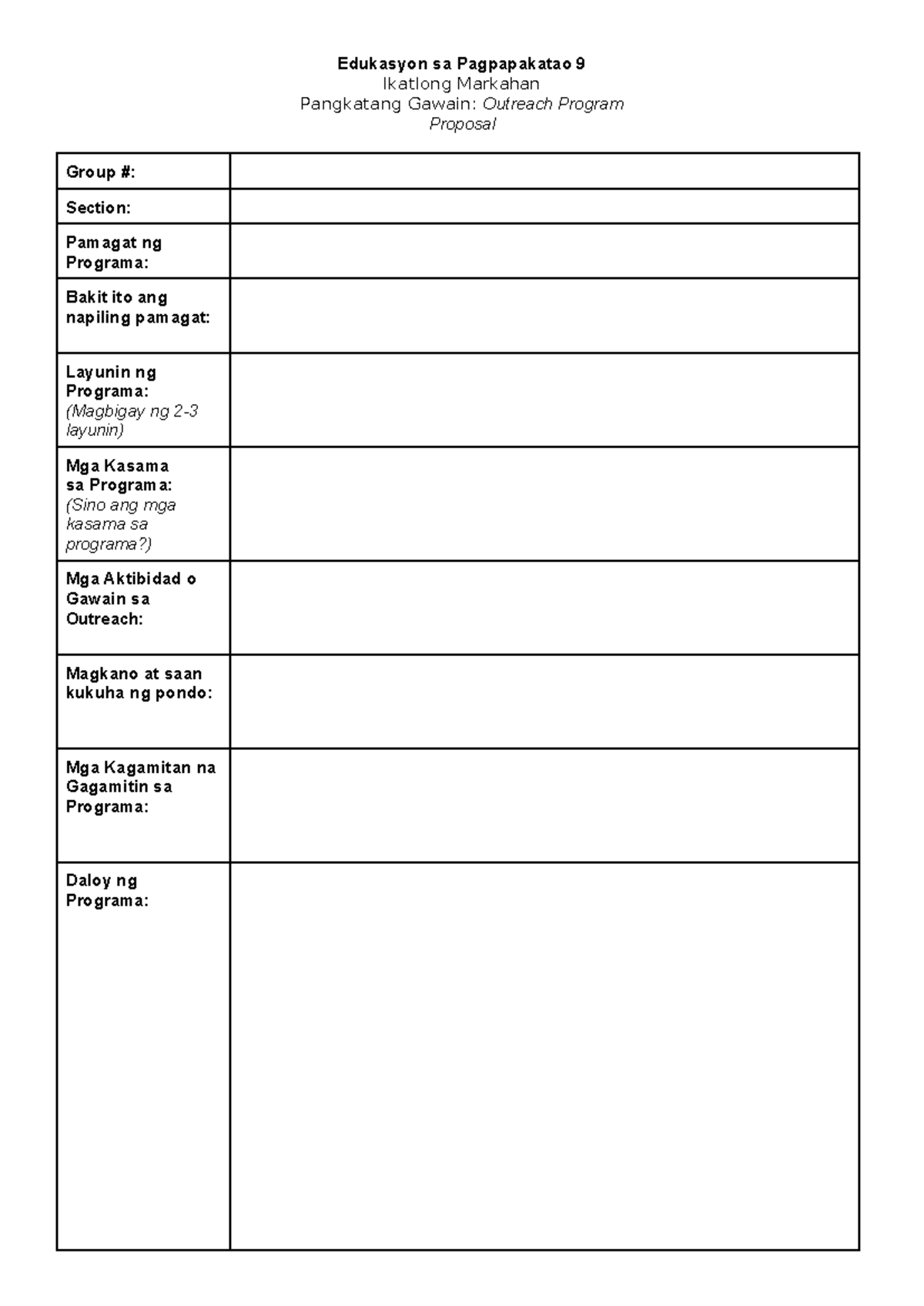 Outreach Program Proposal Template - ESP, Grade 9 - Edukasyon sa ...