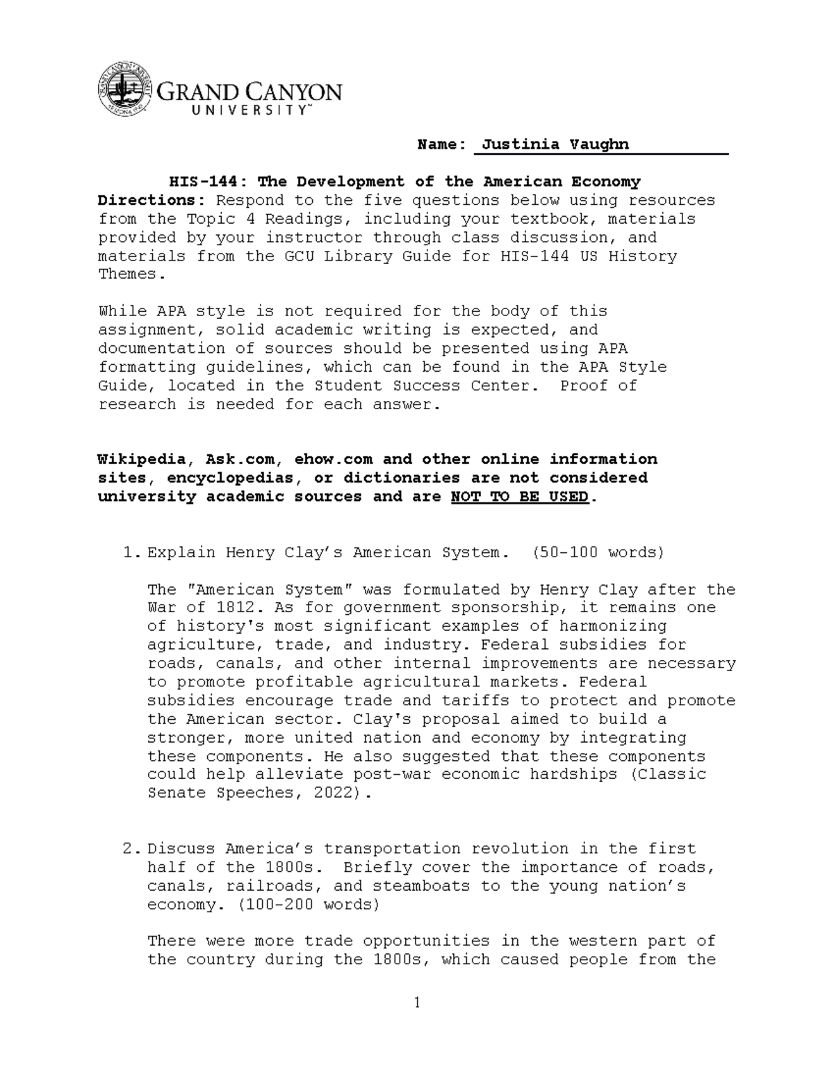 The Development of the American Economy Worksheet - Name: Justinia ...
