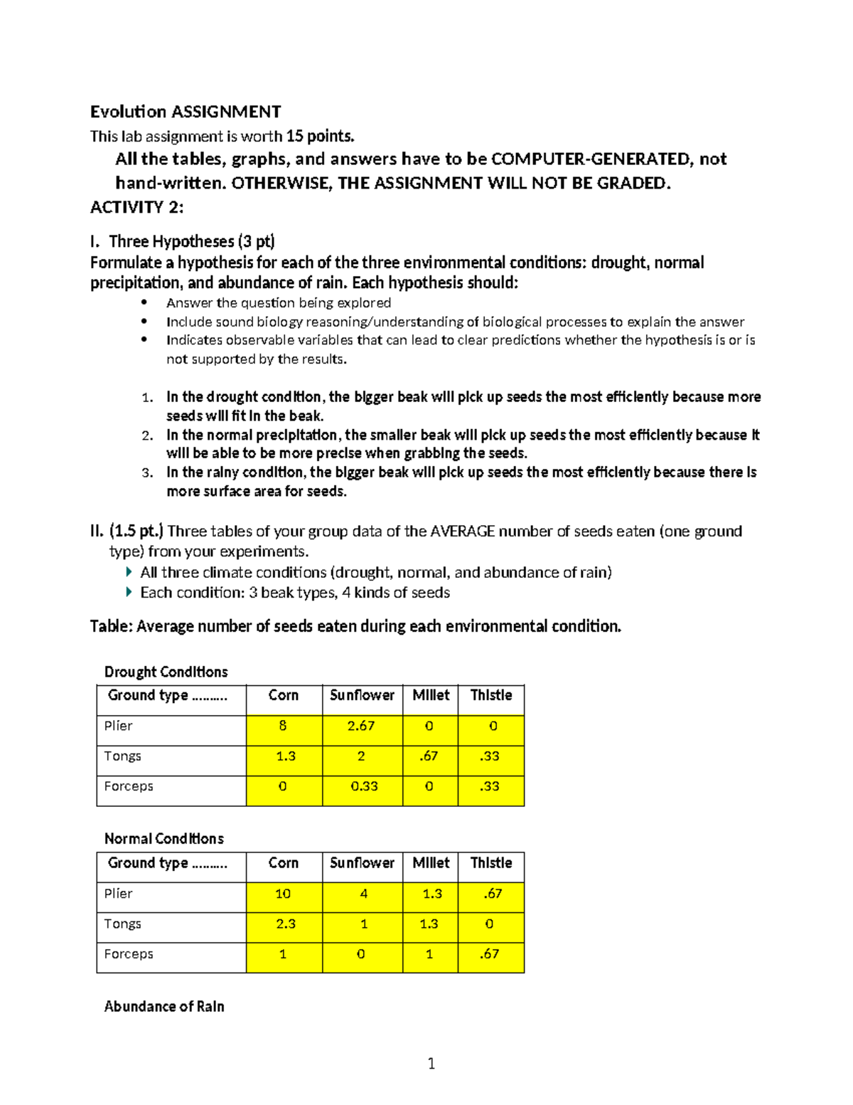 Evolution Assignment document - Evolution ASSIGNMENT This lab assignment is worth 15 points. All ...