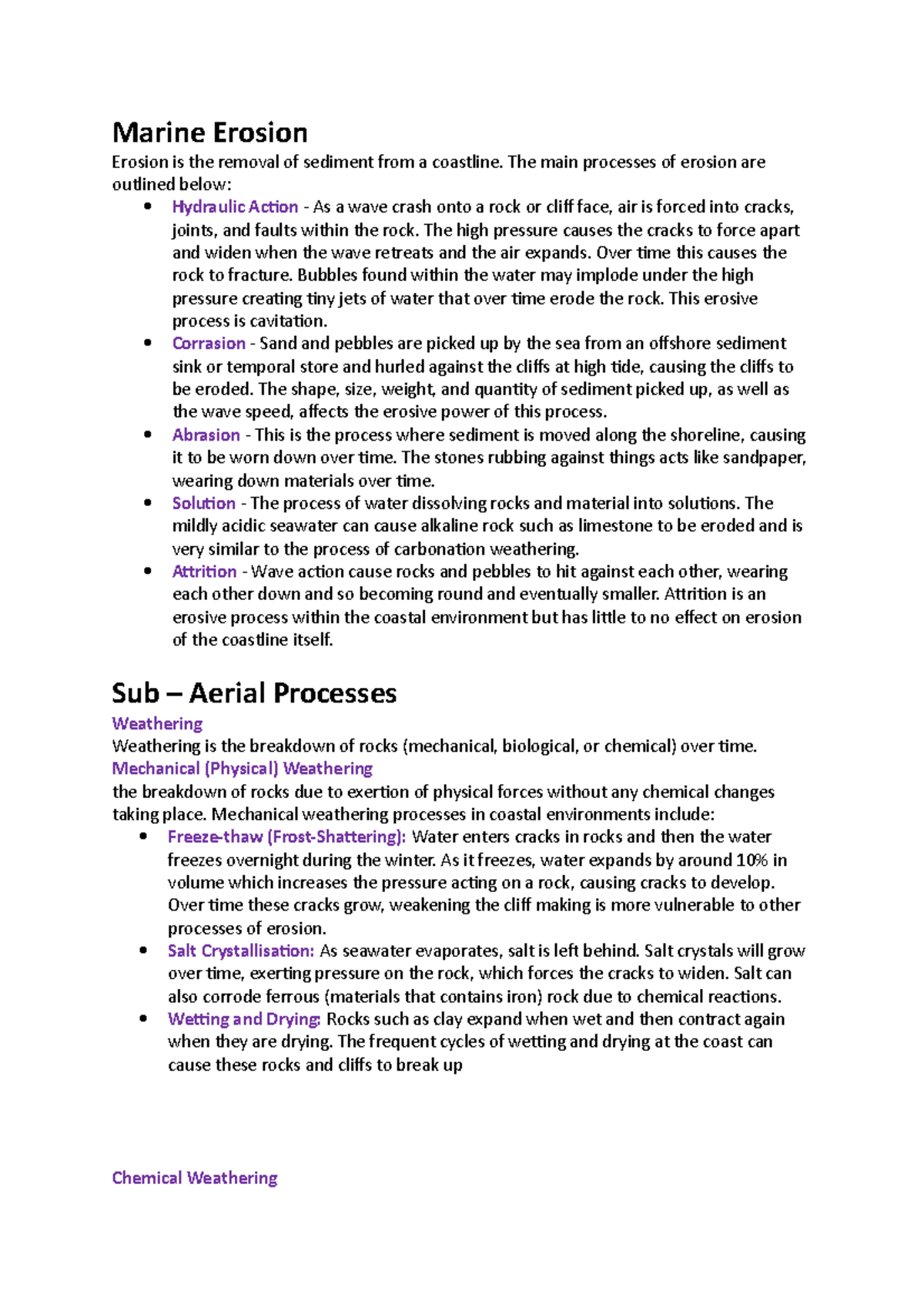 9.1 notes - Marine Erosion Erosion is the removal of sediment from a ...