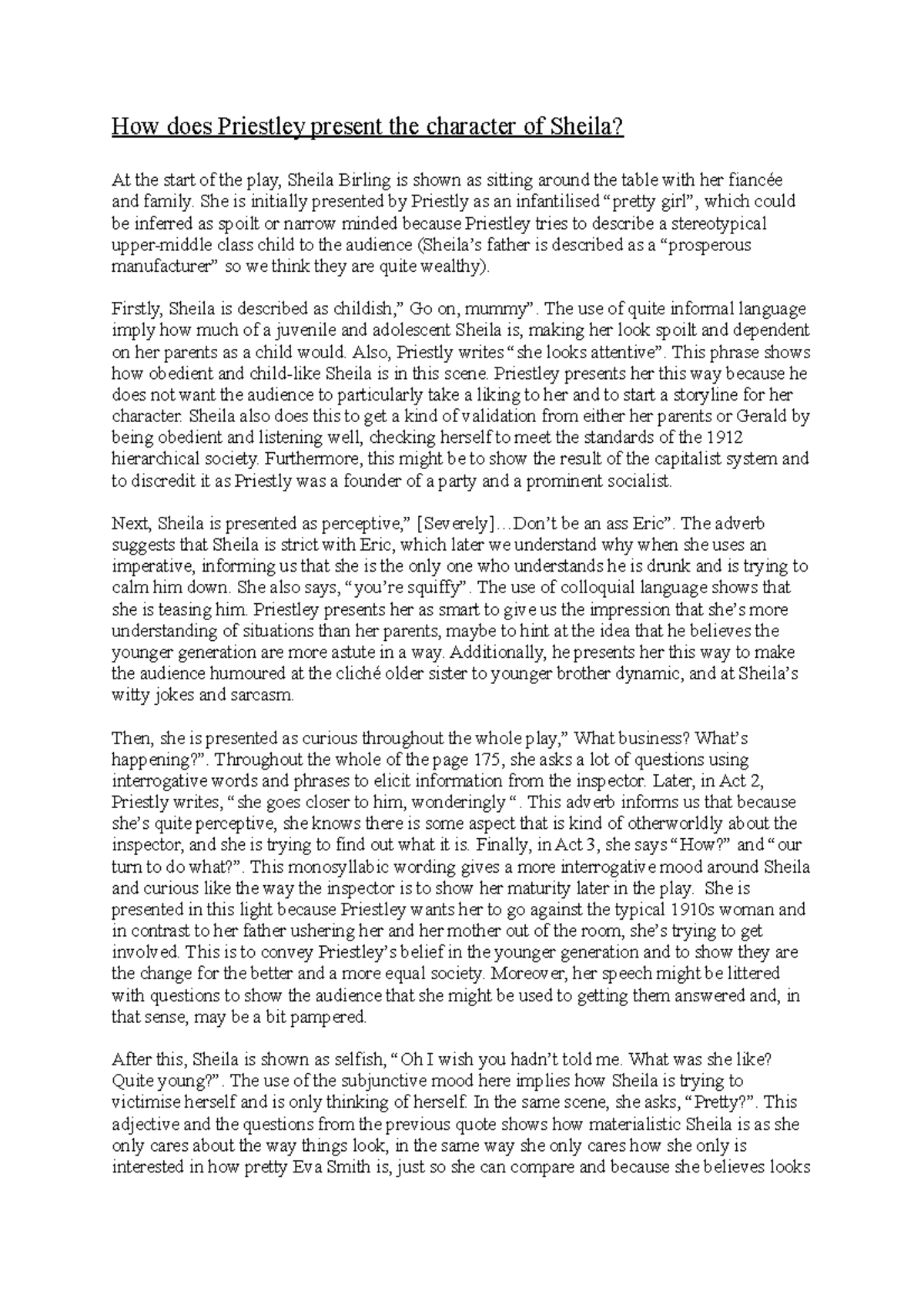 How does Priestly present the character of Sheila - She is initially ...