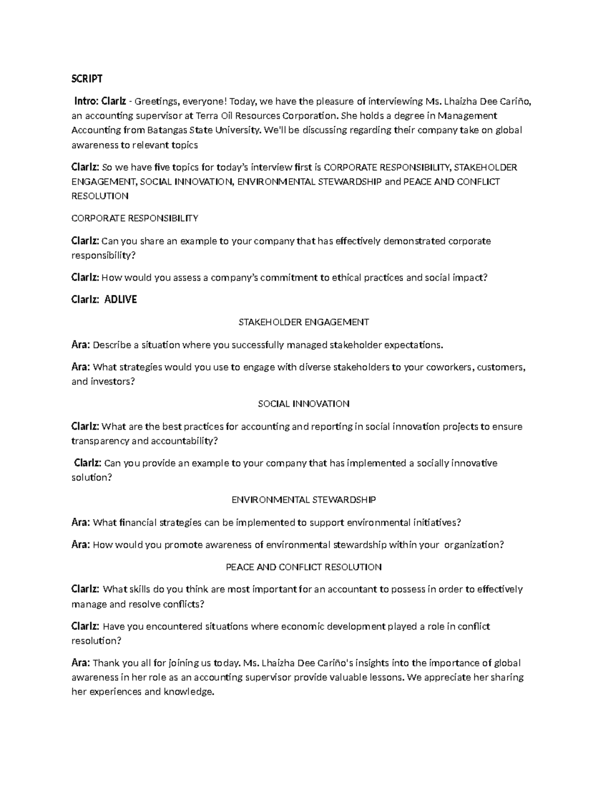 Script - helpful - SCRIPT Intro: Clariz - Greetings, everyone! Today ...