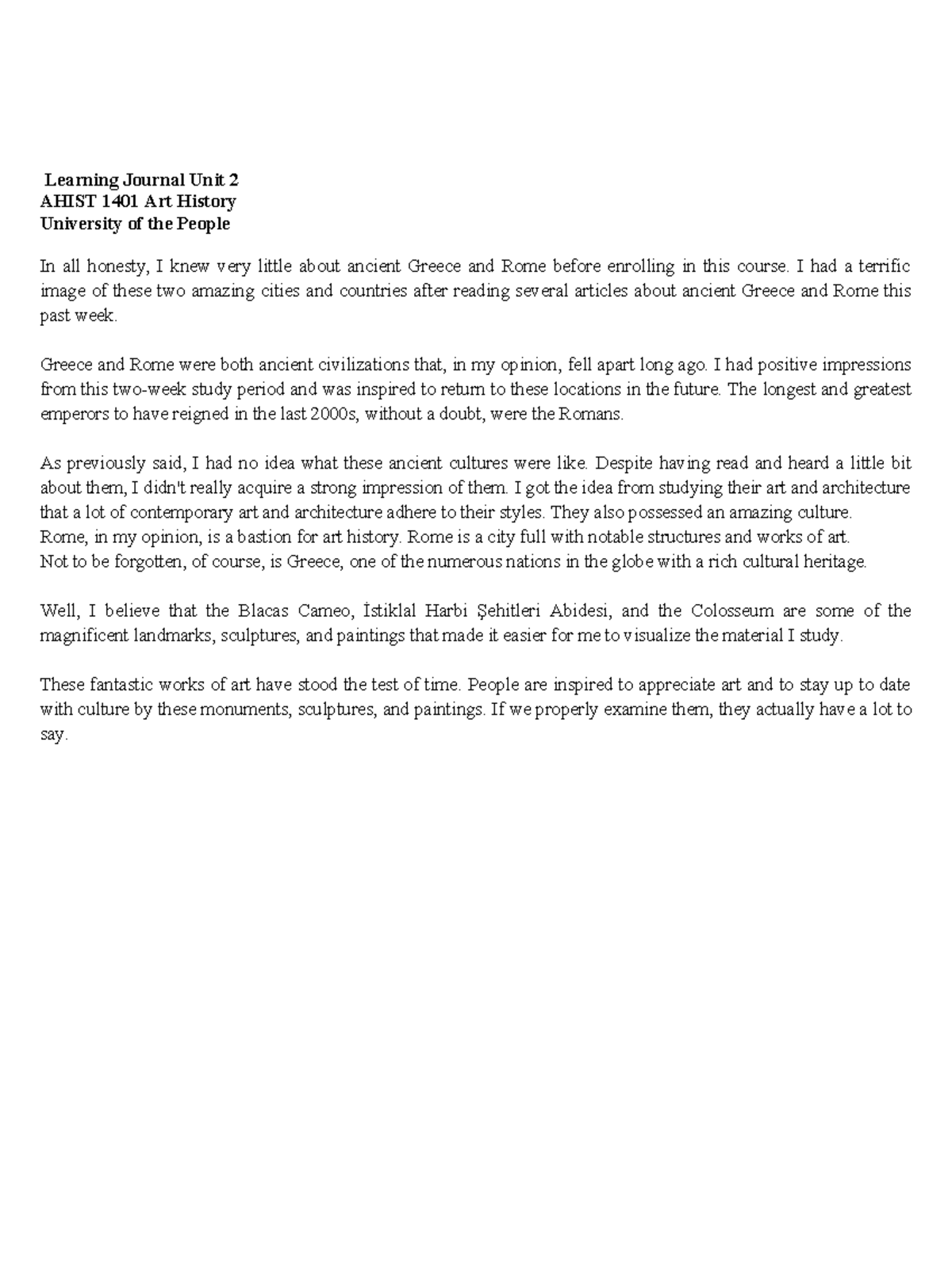 Learning Journal wk 2 - Learning Journal Unit 2 AHIST 1401 Art History ...