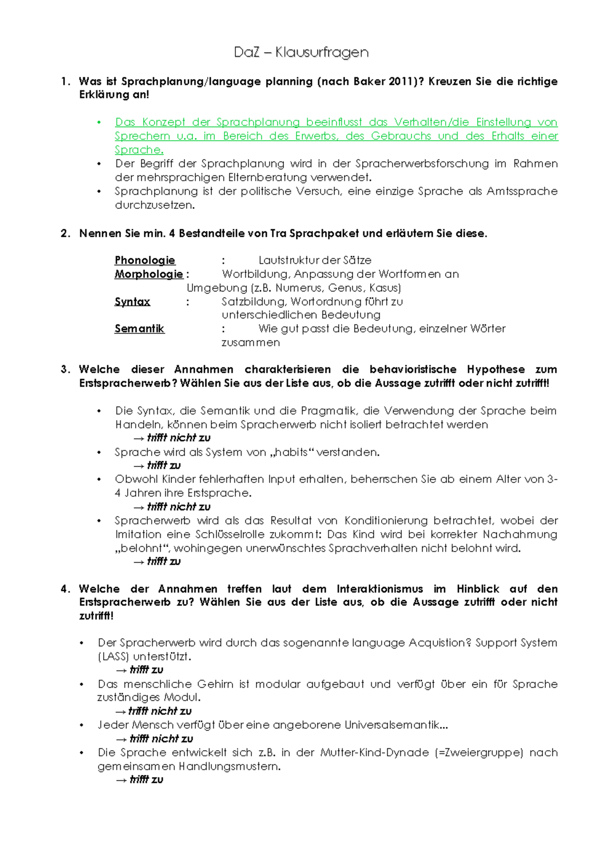 Klausur Sommersemester 2015, Fragen und Antworten - DaZ – Klausurfragen 1. Was ist - Studocu