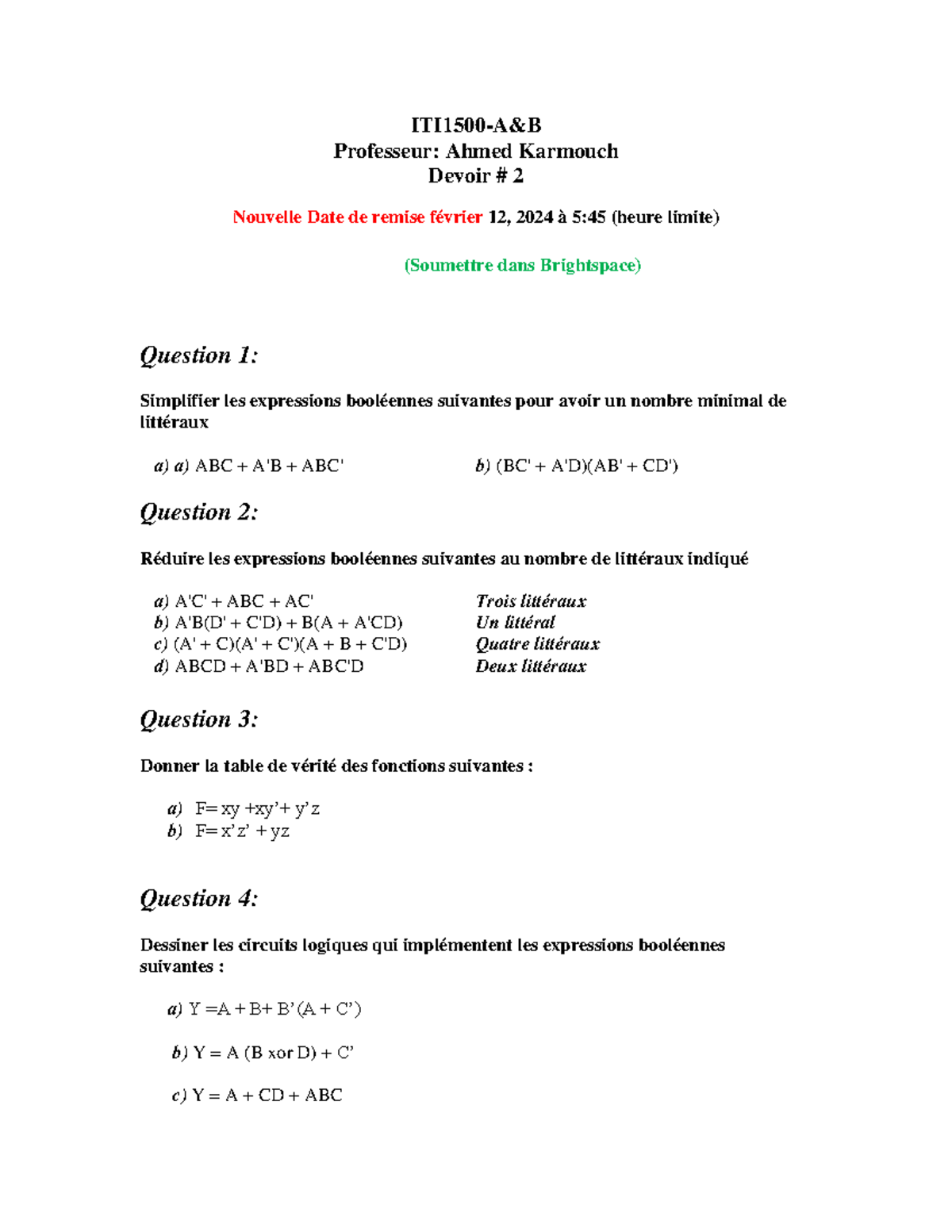 ITI1500 A-B-Devoir#2 - devoir2 - ITI1500-A&B Professeur: Ahmed Karmouch Devoir # 2 Nouvelle Date ...