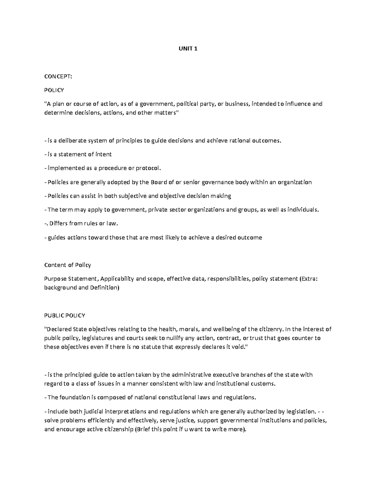 SPP unit 1 and 2 - these are class notes - UNIT 1 CONCEPT: POLICY "A ...