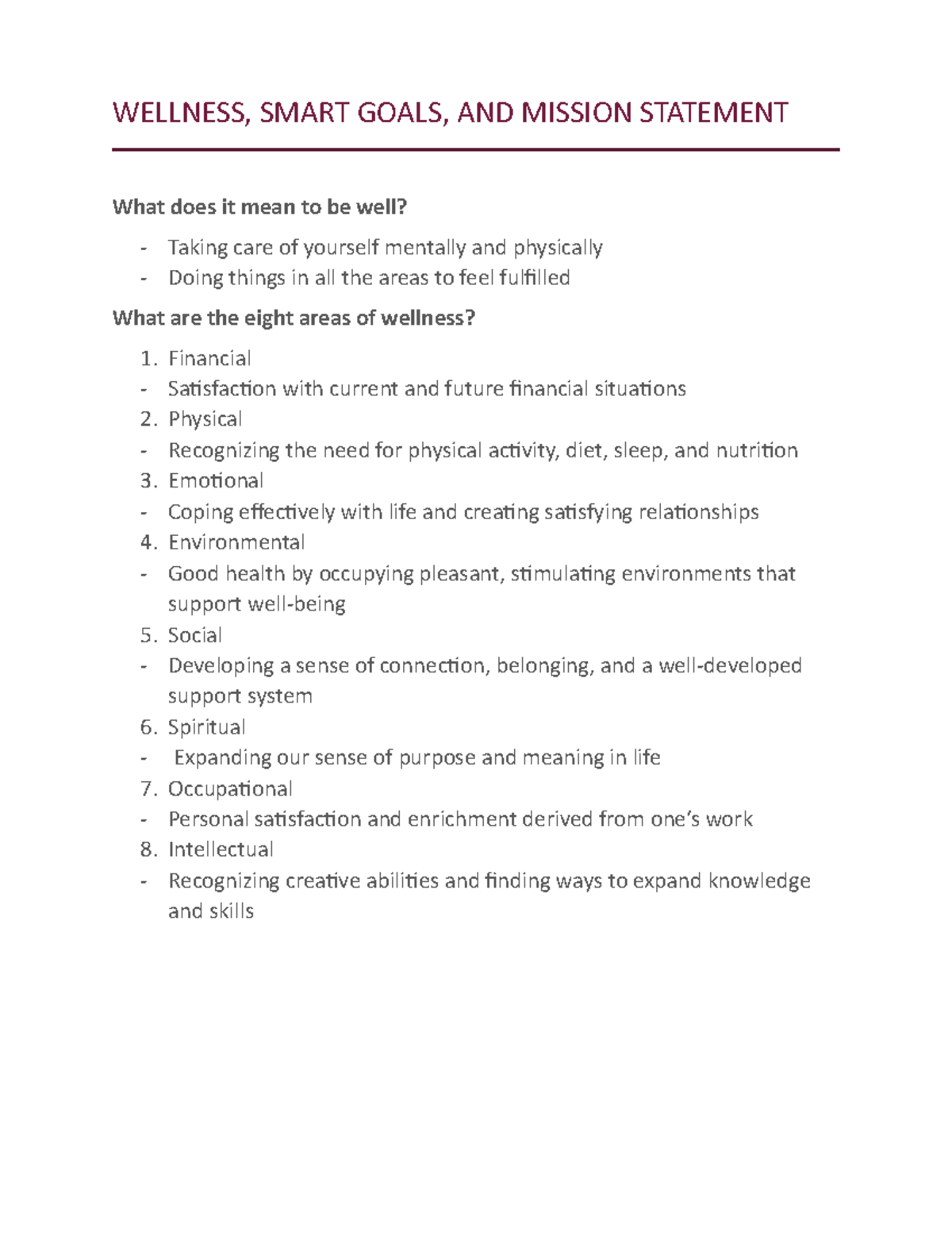 Wellness, Smart Goals, AND Mission Statement - WELLNESS, SMART GOALS ...