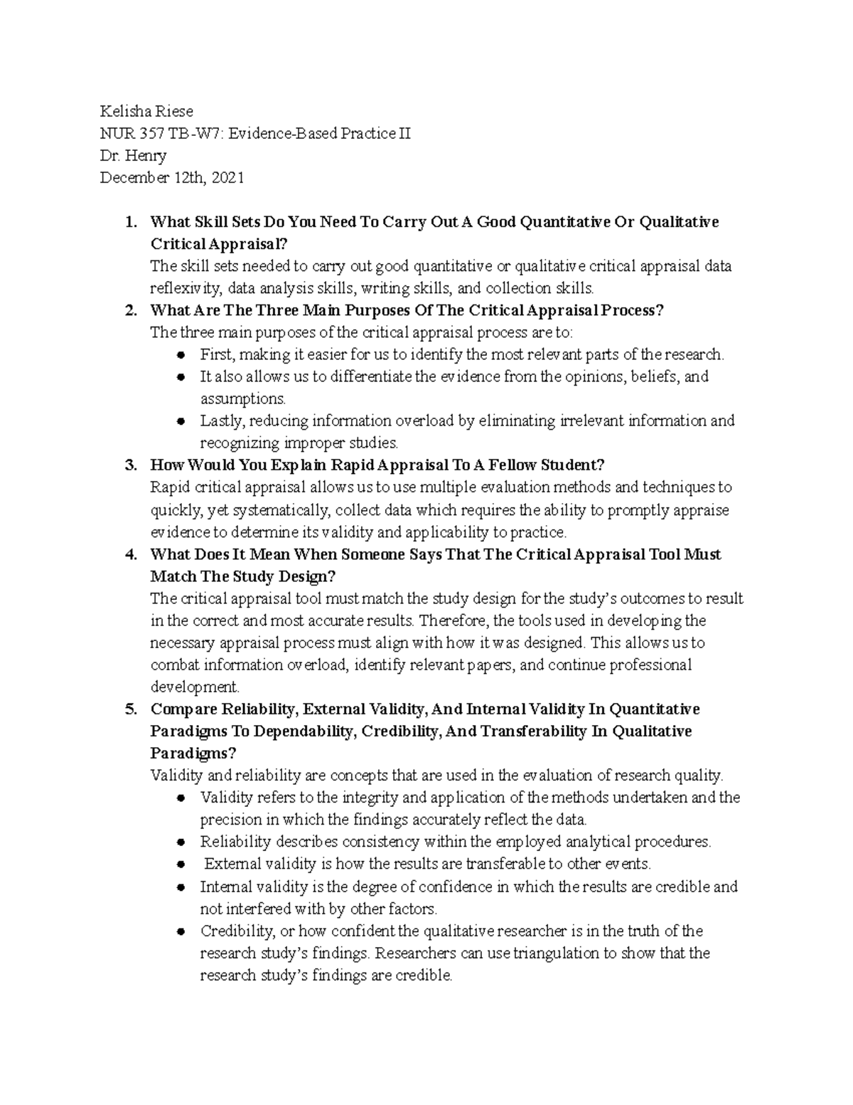 Chapter 10 Review Questions for evidence based practice - Kelisha Riese ...