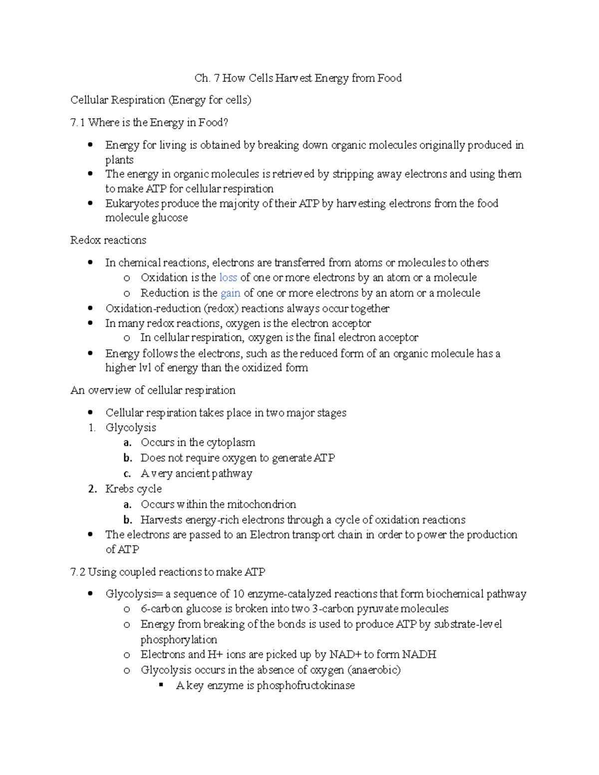 Zoology ch 7 notes - Margaret Nsofor - Ch. 7 How Cells Harvest Energy ...