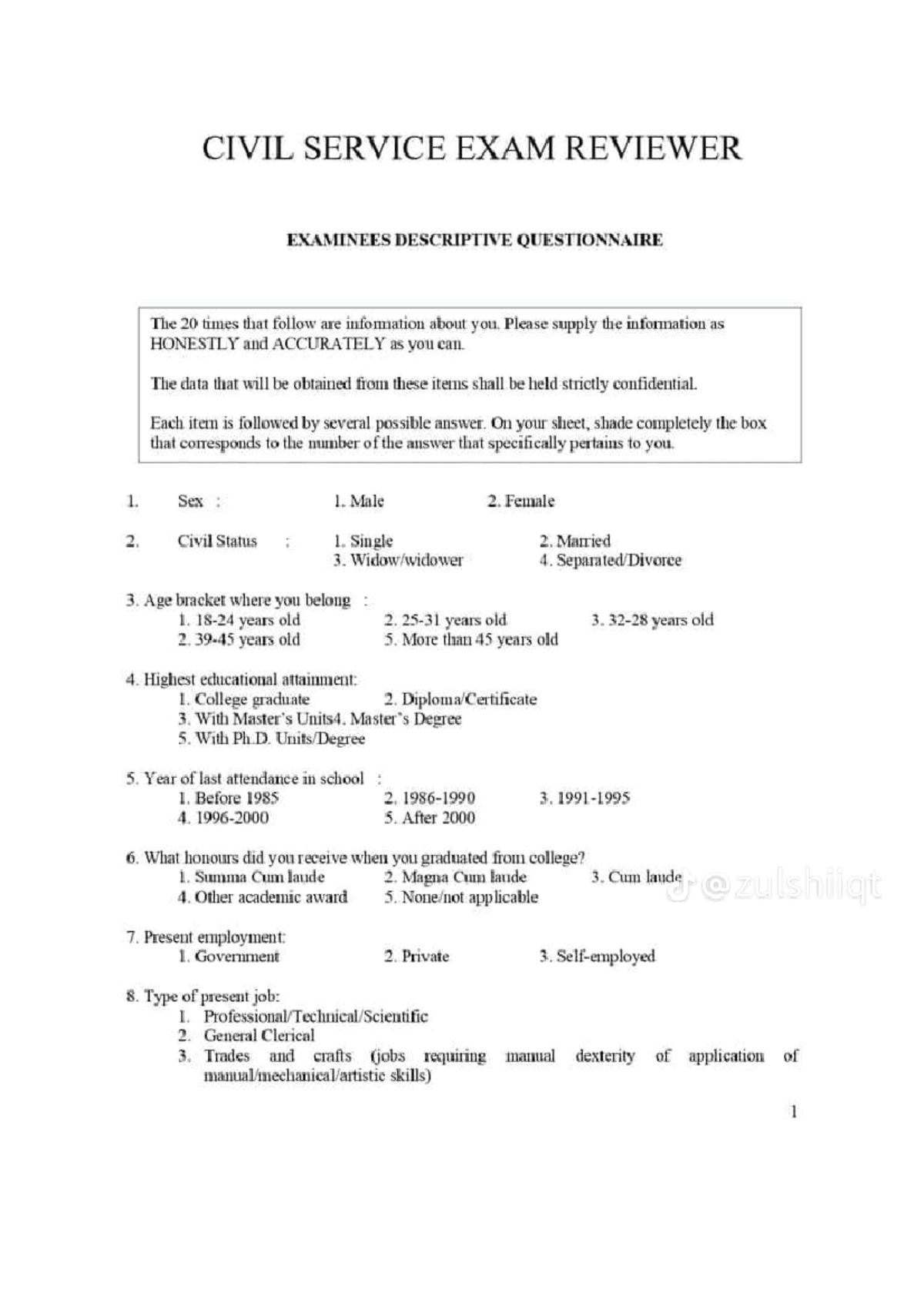 Reviewer 1 - hsgs - CIVIL SERVICE EXAM REVIEWER EXAMINEES DESCRIPTIVE ...