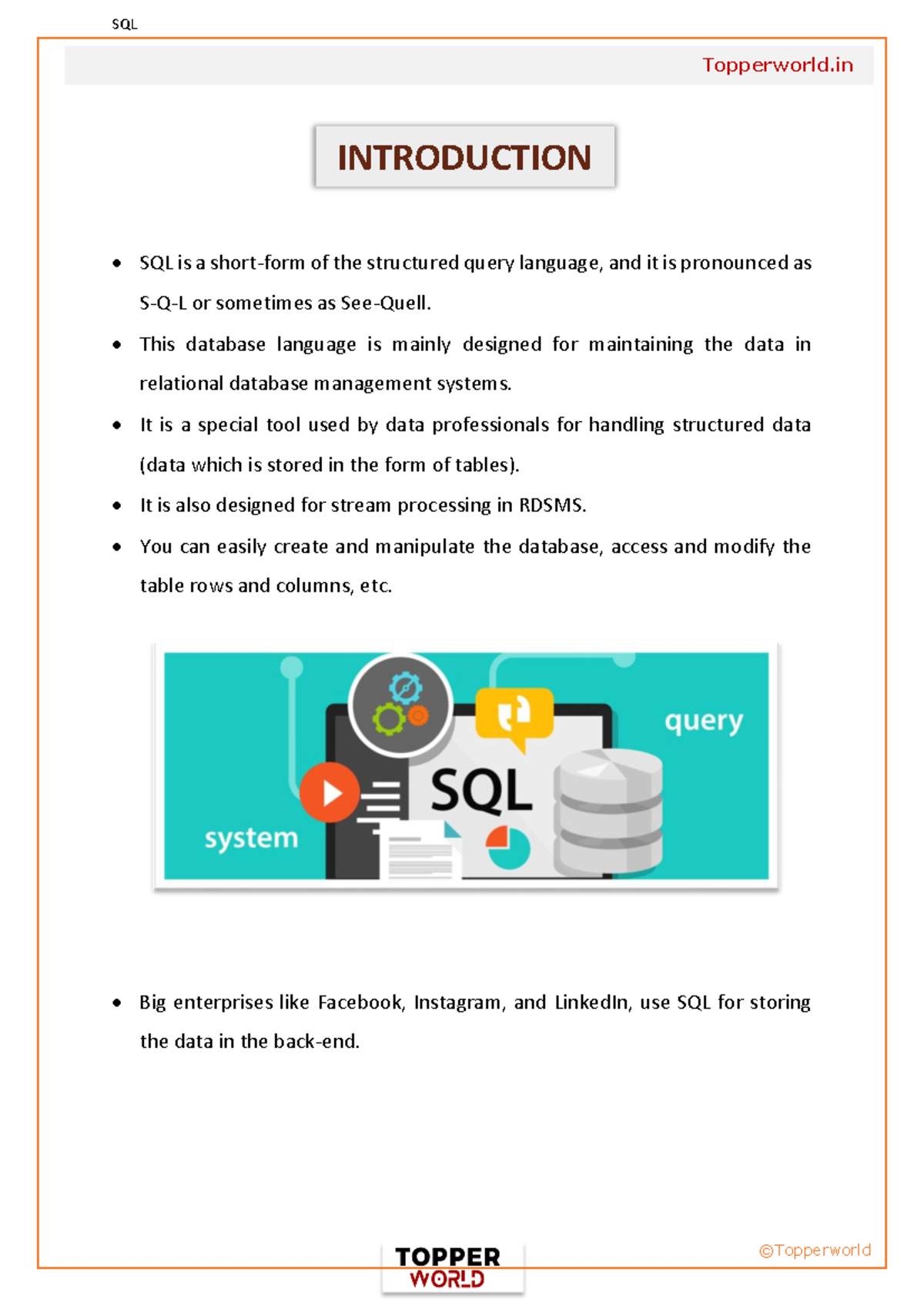 Introduction-to-SQL - introduction - Topperworld SQL is a short-form of ...