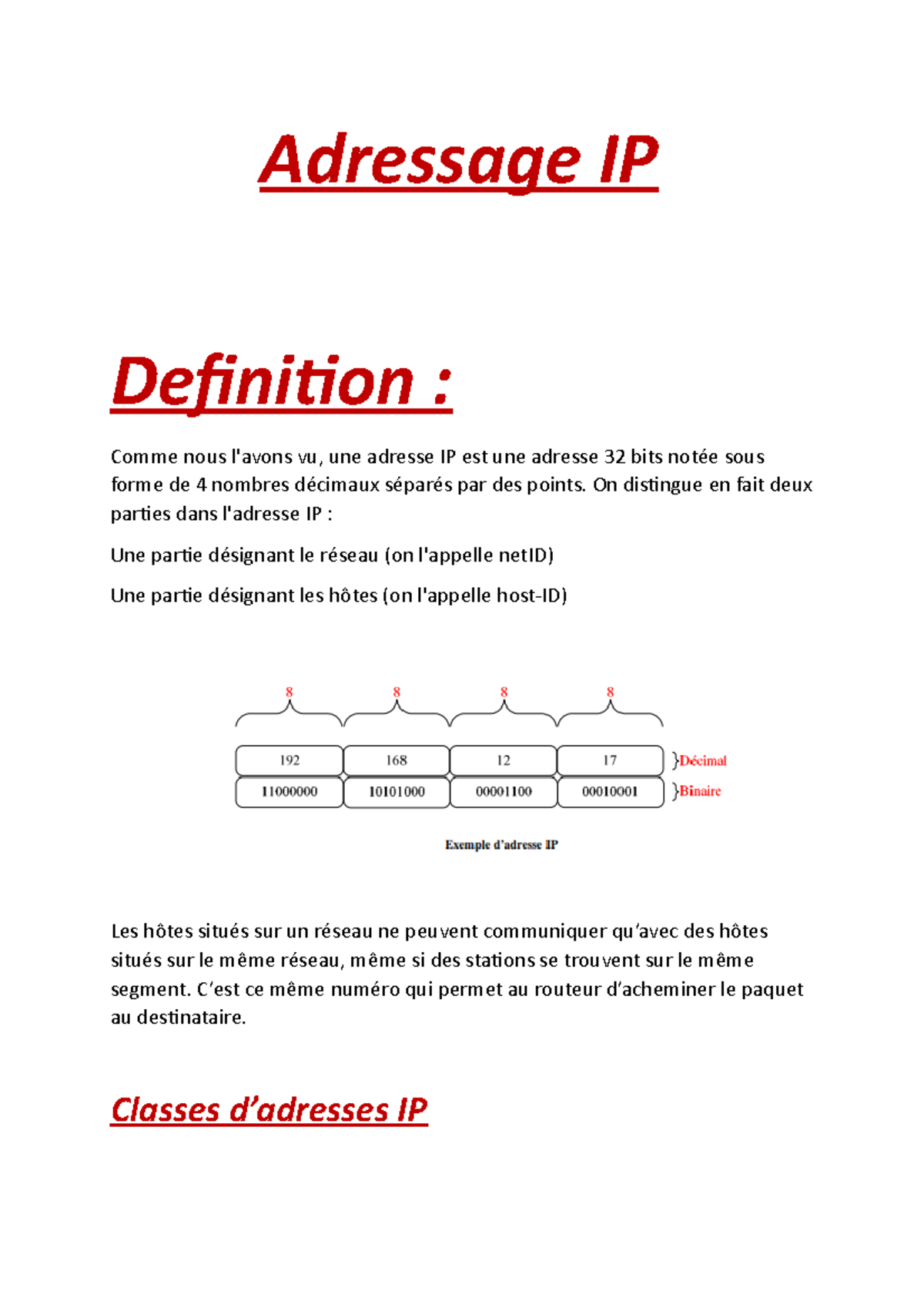 Adressage IP - Adressage IP Definition : Comme nous l'avons vu, une ...
