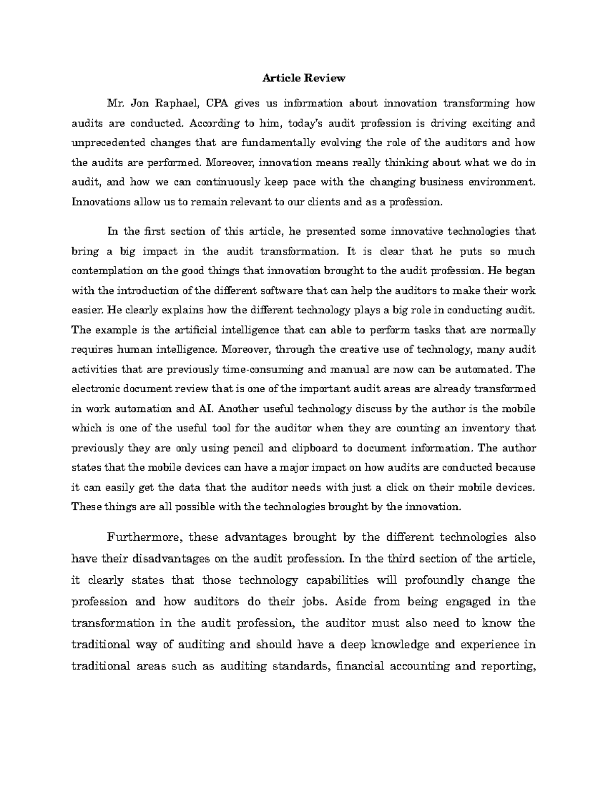 Article Review draft - Article Review Mr. Jon Raphael, CPA gives us ...