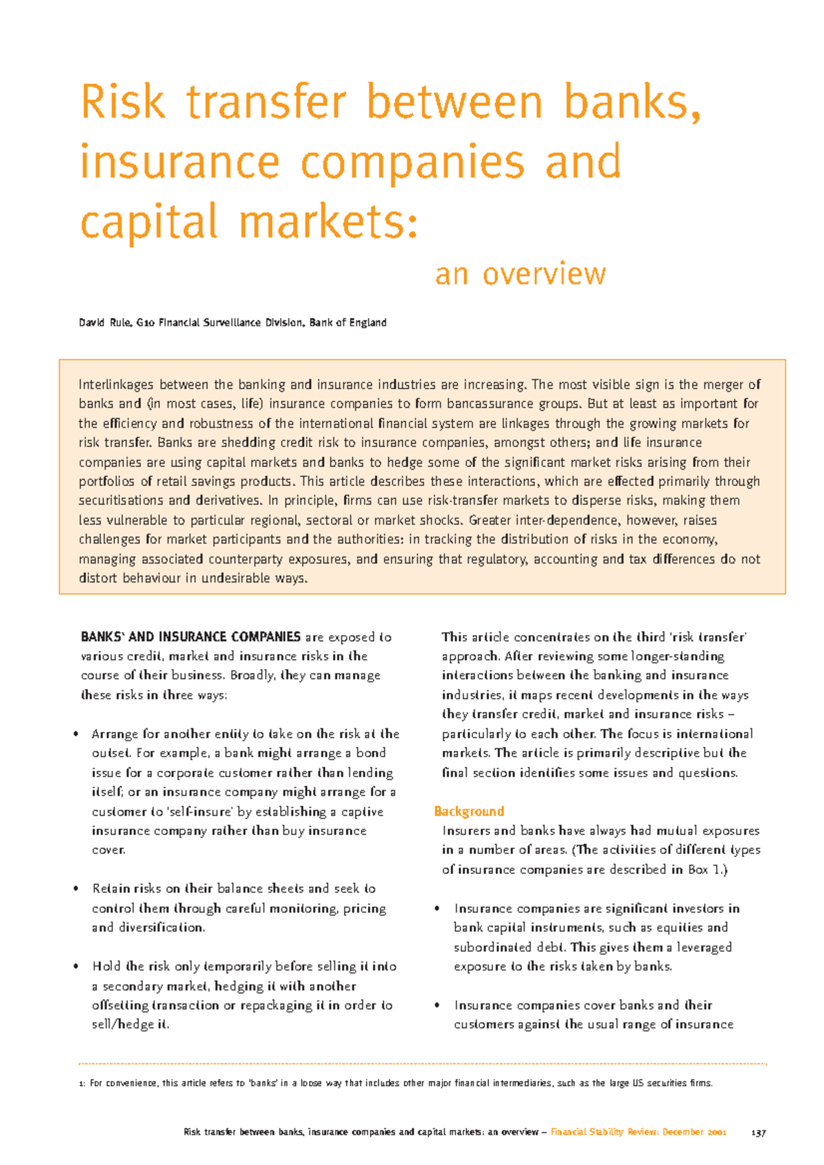 Risk Transfer Between Banks, Insurance Companies and Capital Markets ...