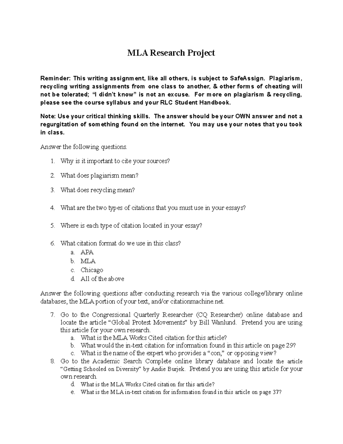 MLA Research Project 2020 eng1302 - MLA Research Project Reminder: This ...