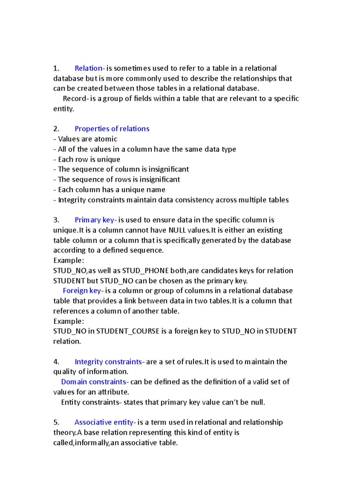 Assignment - Relation- is sometimes used to refer to a table in a ...