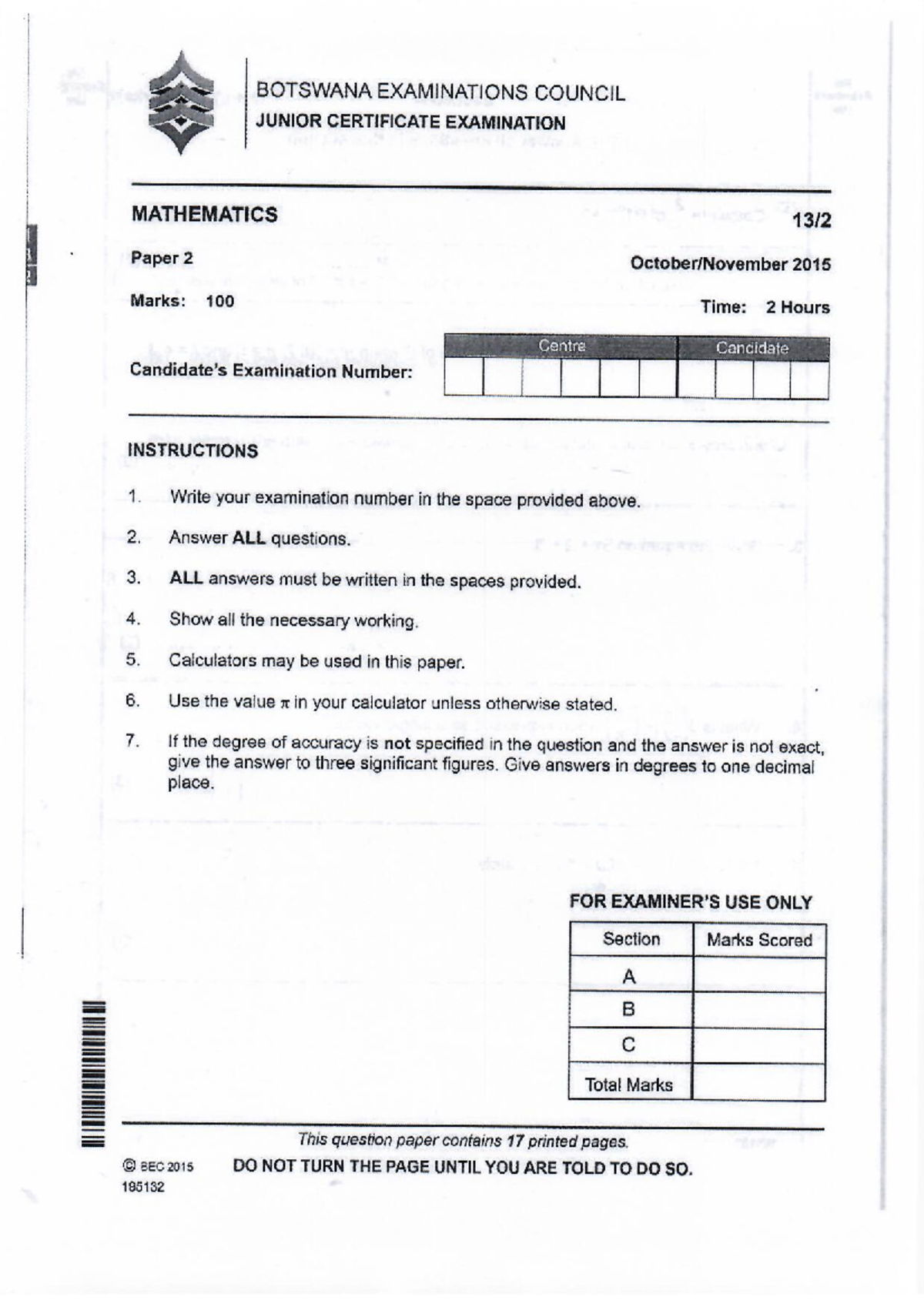 Maths JCE 2015 Paper 2 - Revision - introductory to mathematics - Studocu