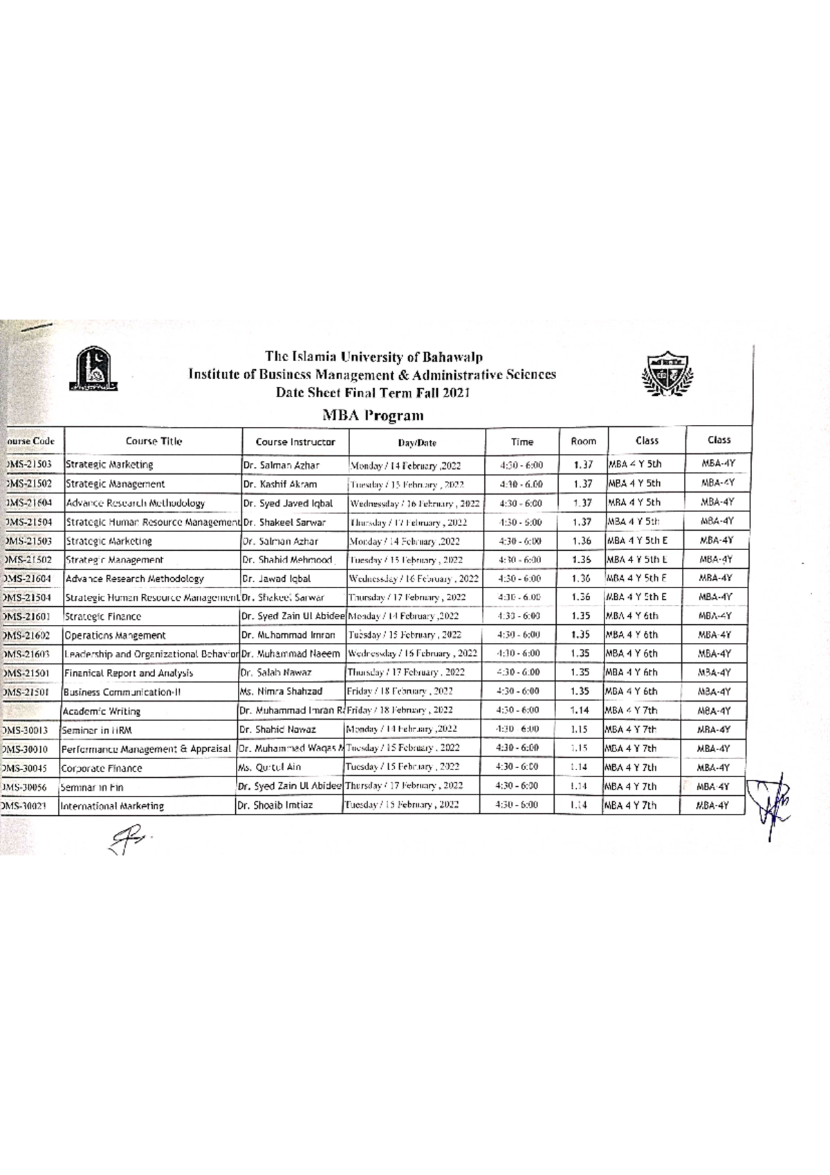 Date Sheet Fall 21 (Finals) - Management in Marketing - Studocu