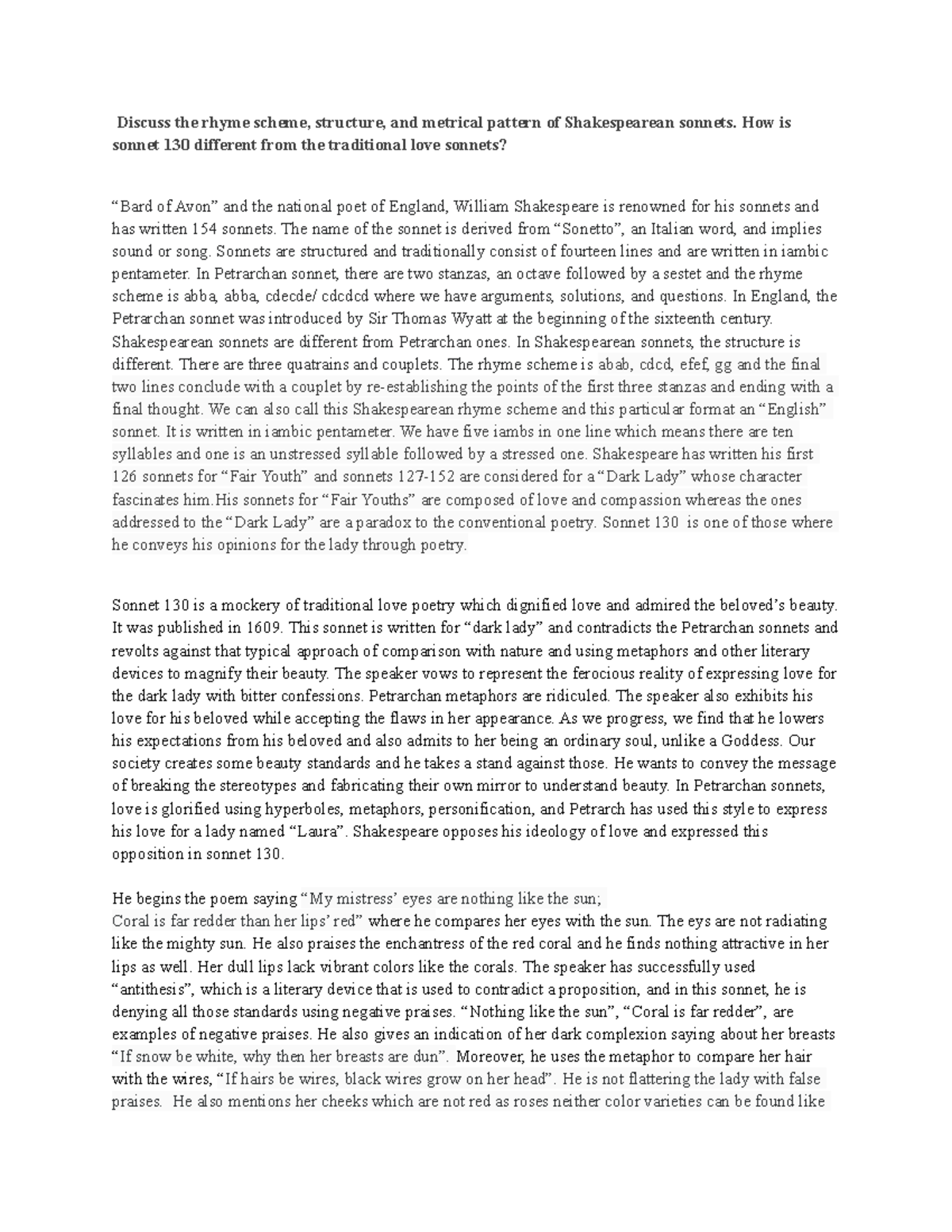 Discuss the rhyme scheme, structure, and metrical pattern of ...