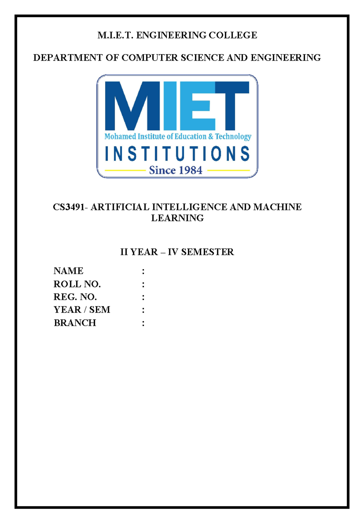 AIML LAB Manual WITH Output - M.I.E. ENGINEERING COLLEGE DEPARTMENT OF ...