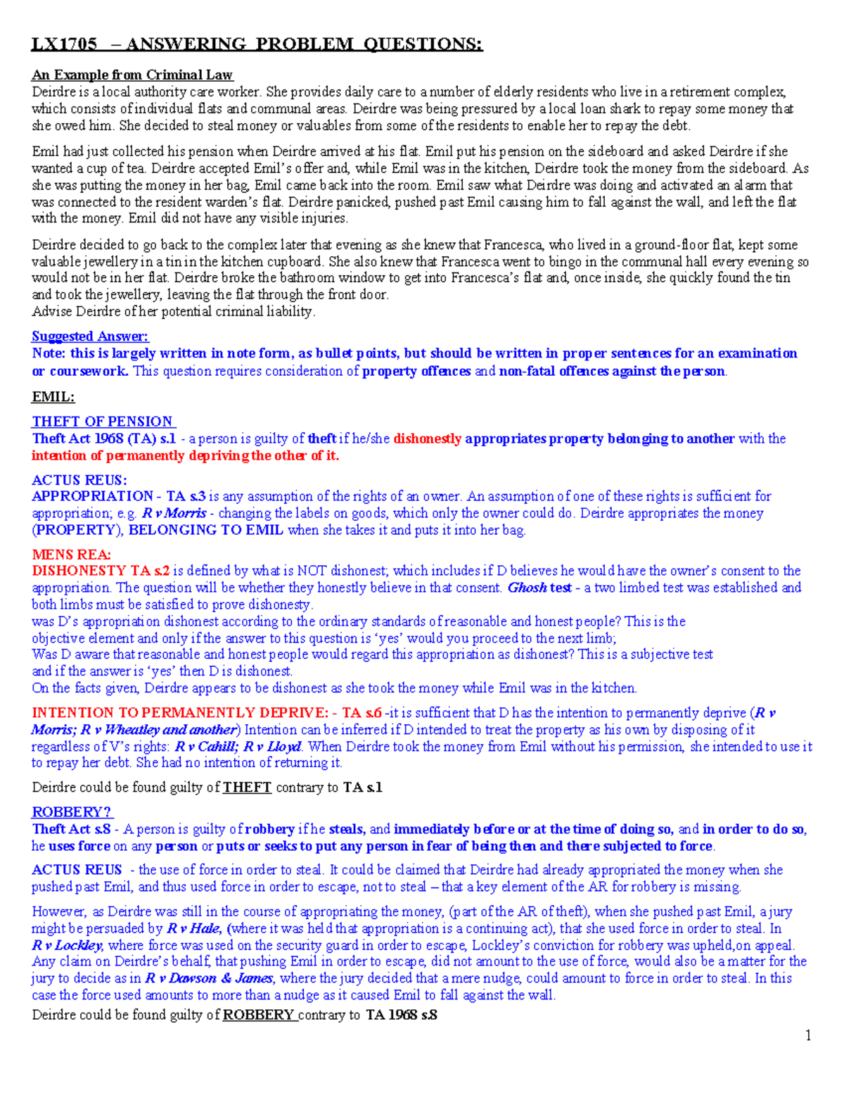 Example Criminal LAW - free - LX1705 – ANSWERING PROBLEM QUESTIONS: An ...