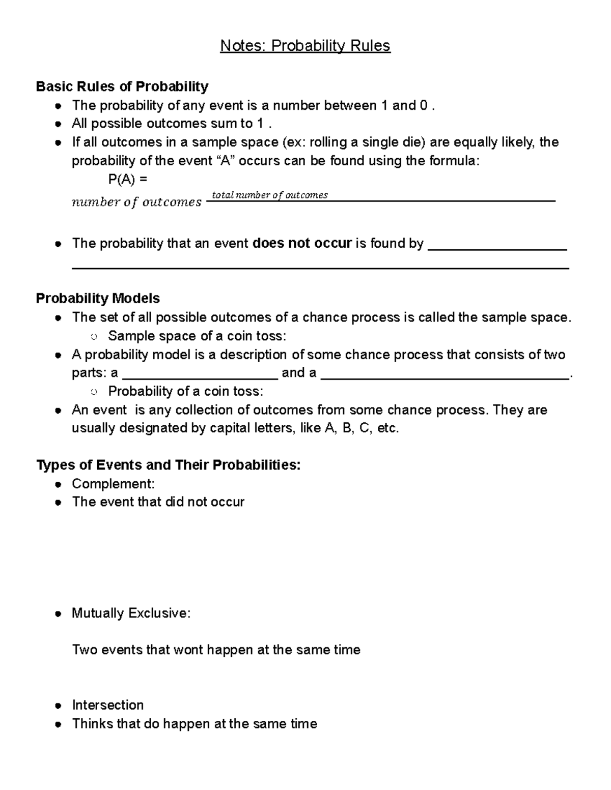 Copy of Notes Probability Rules - Notes: Probability Rules Basic Rules ...