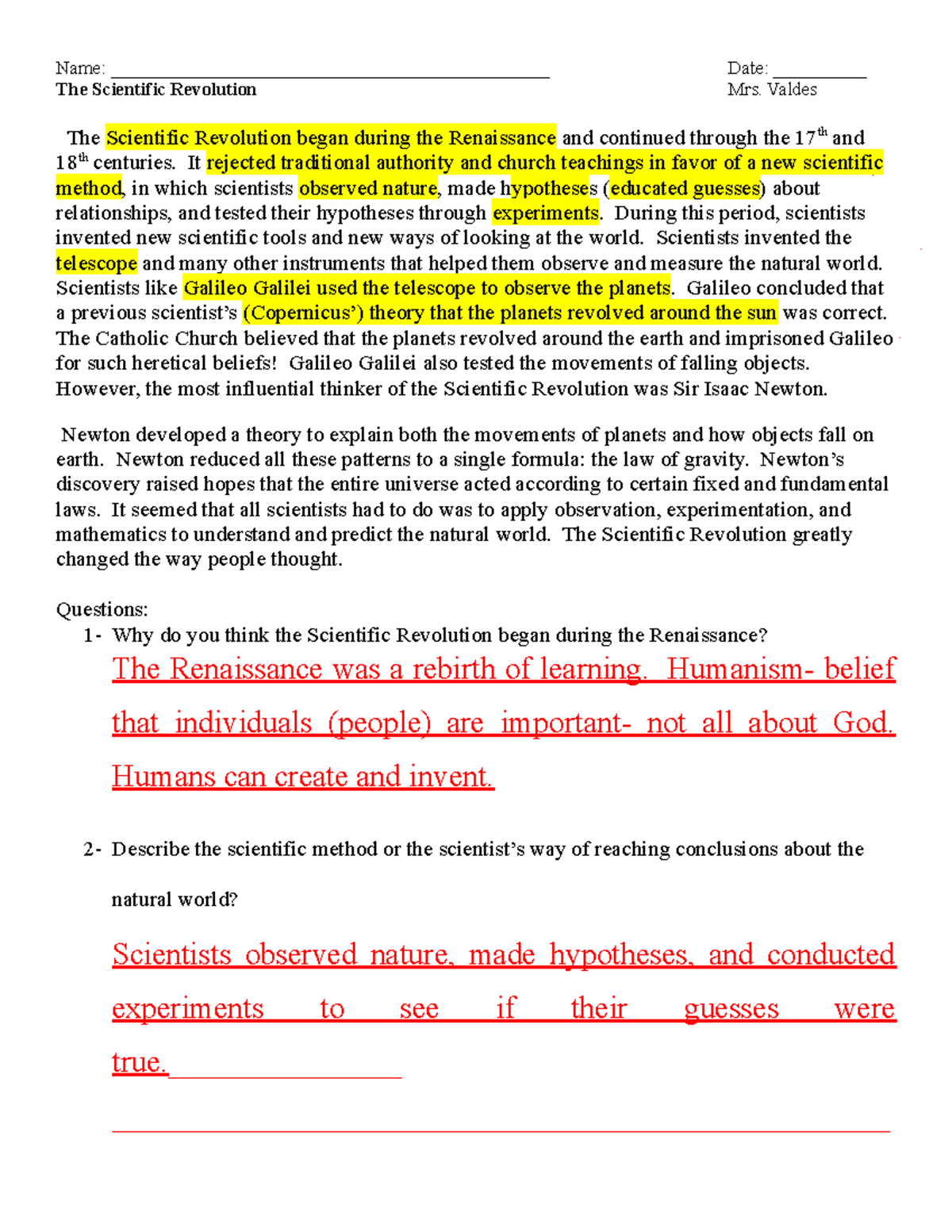 SC10 - Sept6 GH2 Valdes Scientific Revolution Reading Passage KEY ...