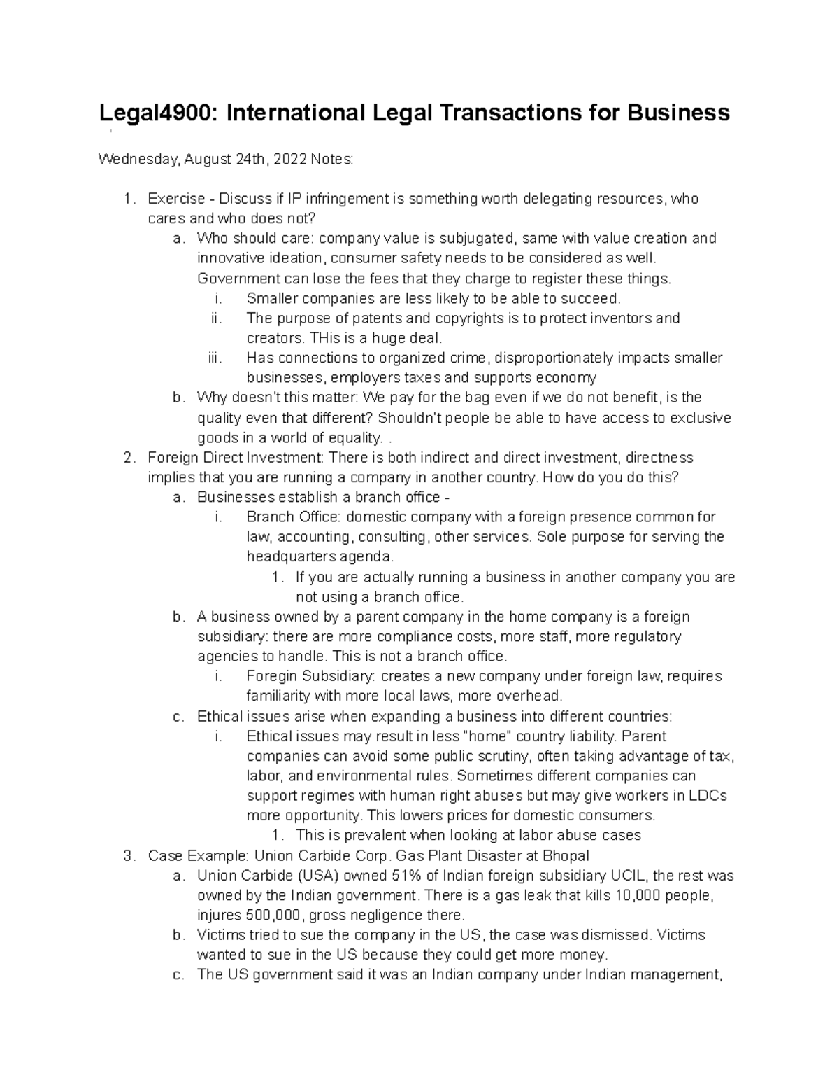 LEGL4900 6900 Semester Long Running Notes - Legal4900: International ...