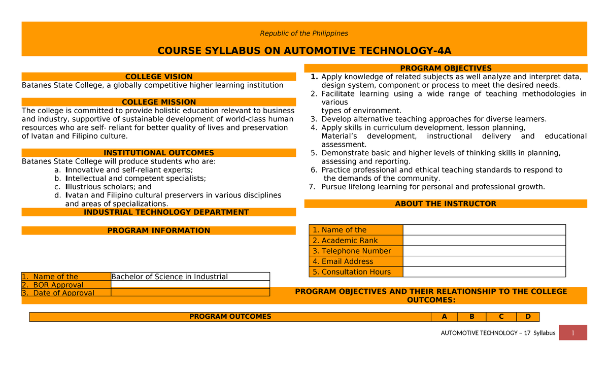Bsc-template-course-syllabus-at-4A - Copy - Republic of the Philippines ...