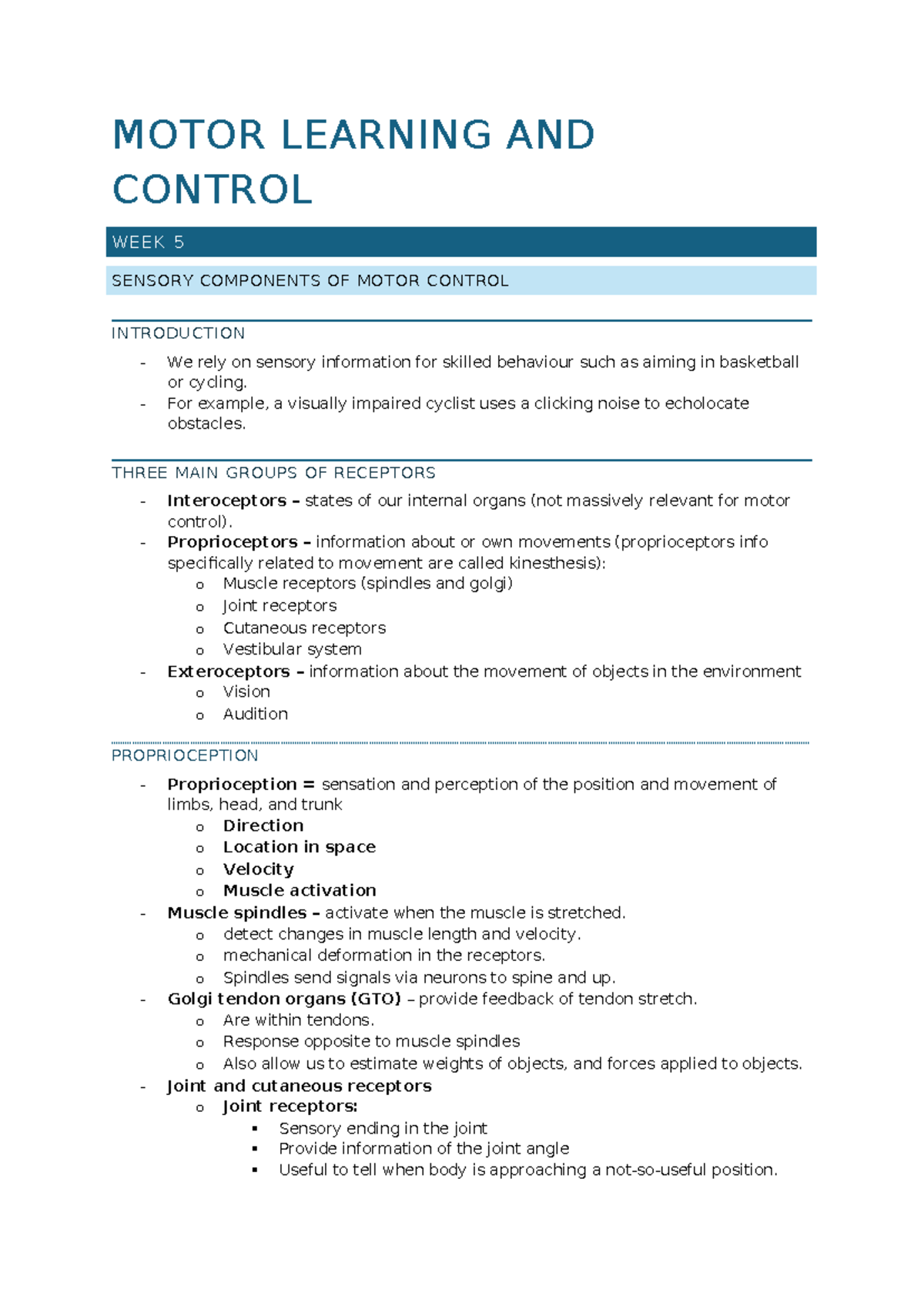 Motor Learning and control Notes - MOTOR LEARNING AND CONTROL WEEK 5 ...