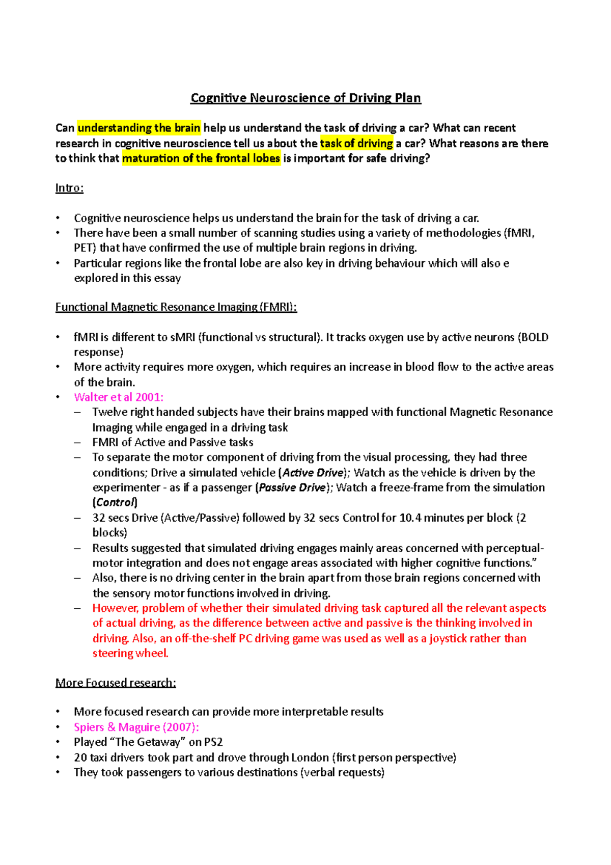 Cognitive Neuroscience Plan - Cognitive Neuroscience of Driving Plan ...