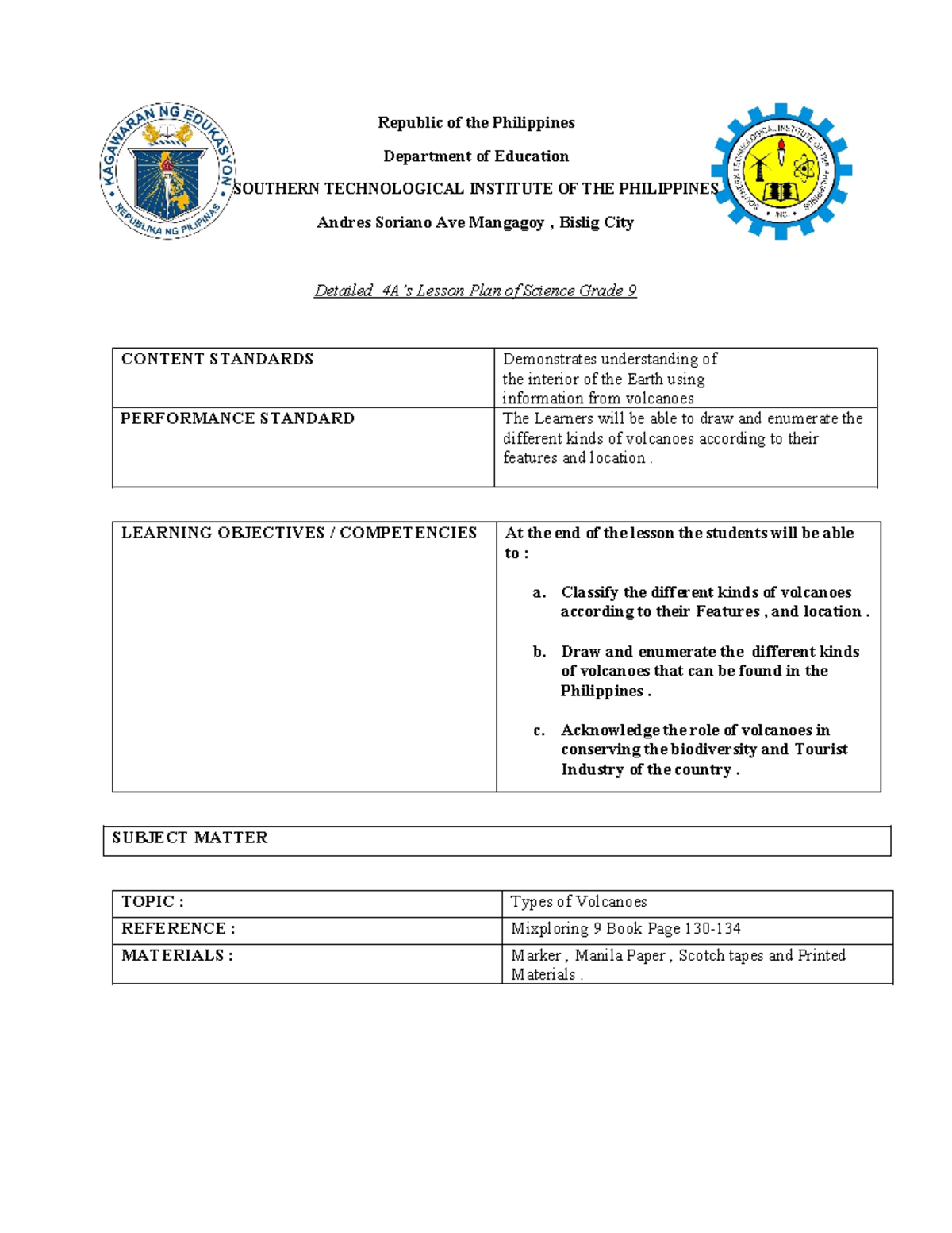 Types of Volcanoes Lesson Plan for grade 9 Science - Republic of the ...