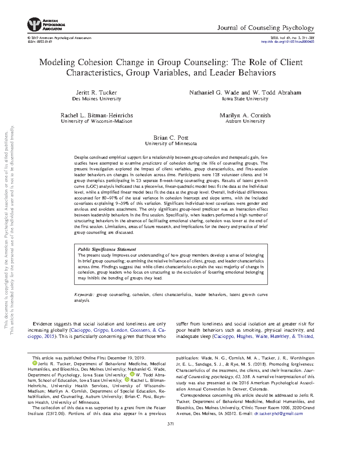 Modeling Cohesion Change in Group Counseling - The Role of Client ...