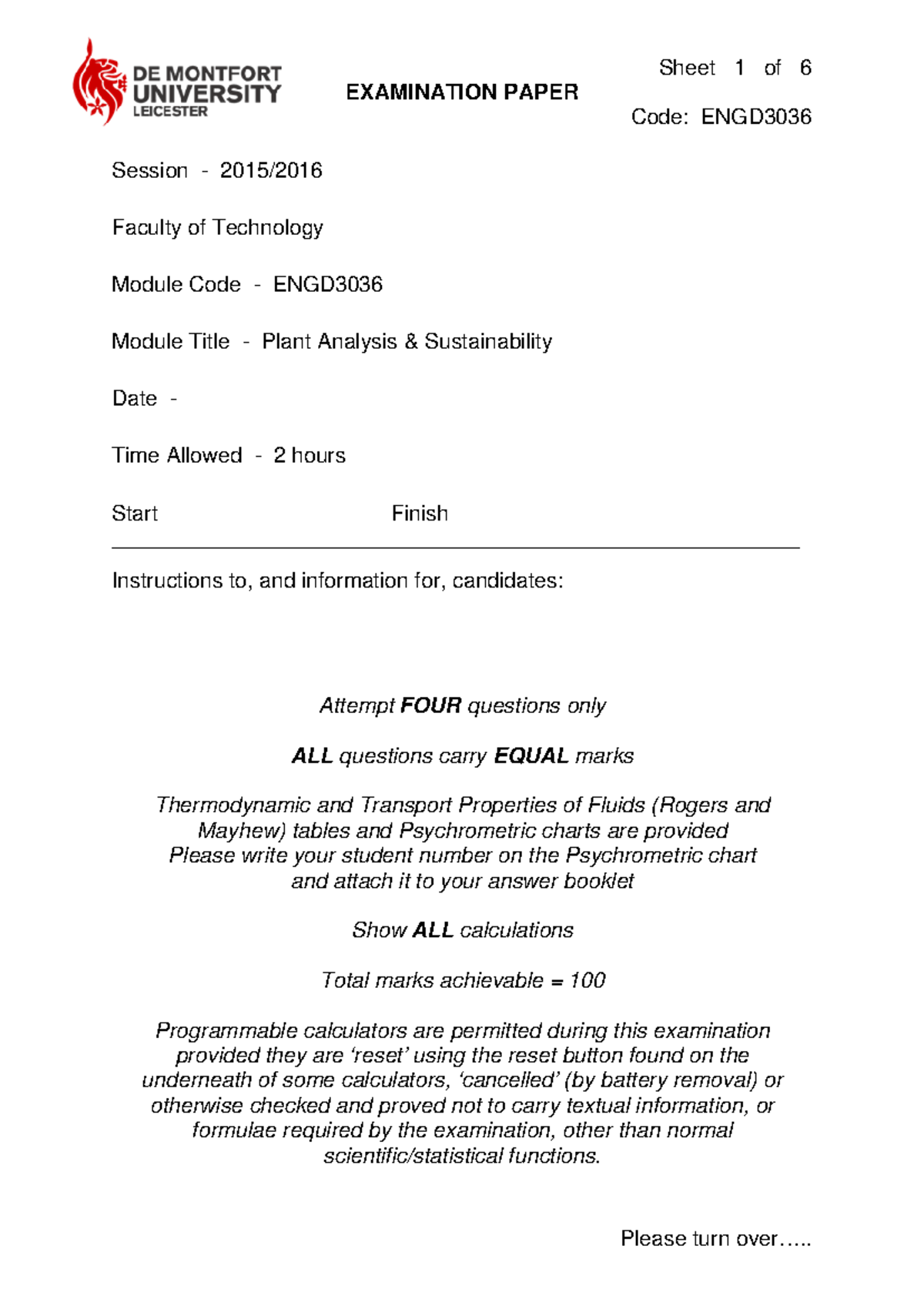 Plant Analysis & Sustainability - Sheet 1 of 6 EXAMINATION PAPER Code ...