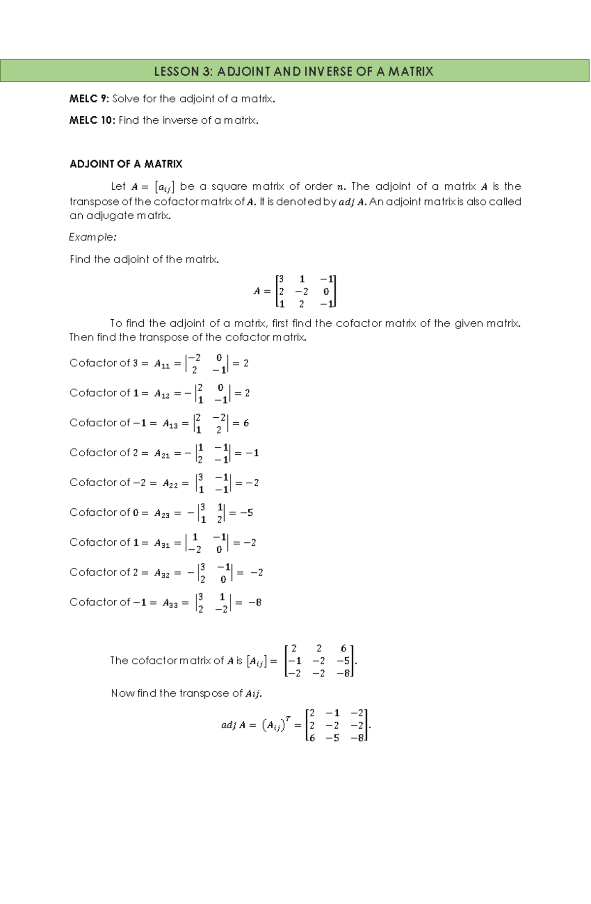 Q2 Lesson 3 - Adjoint AND Inverse OF A Matrix - MELC 9 : Solve for the ...
