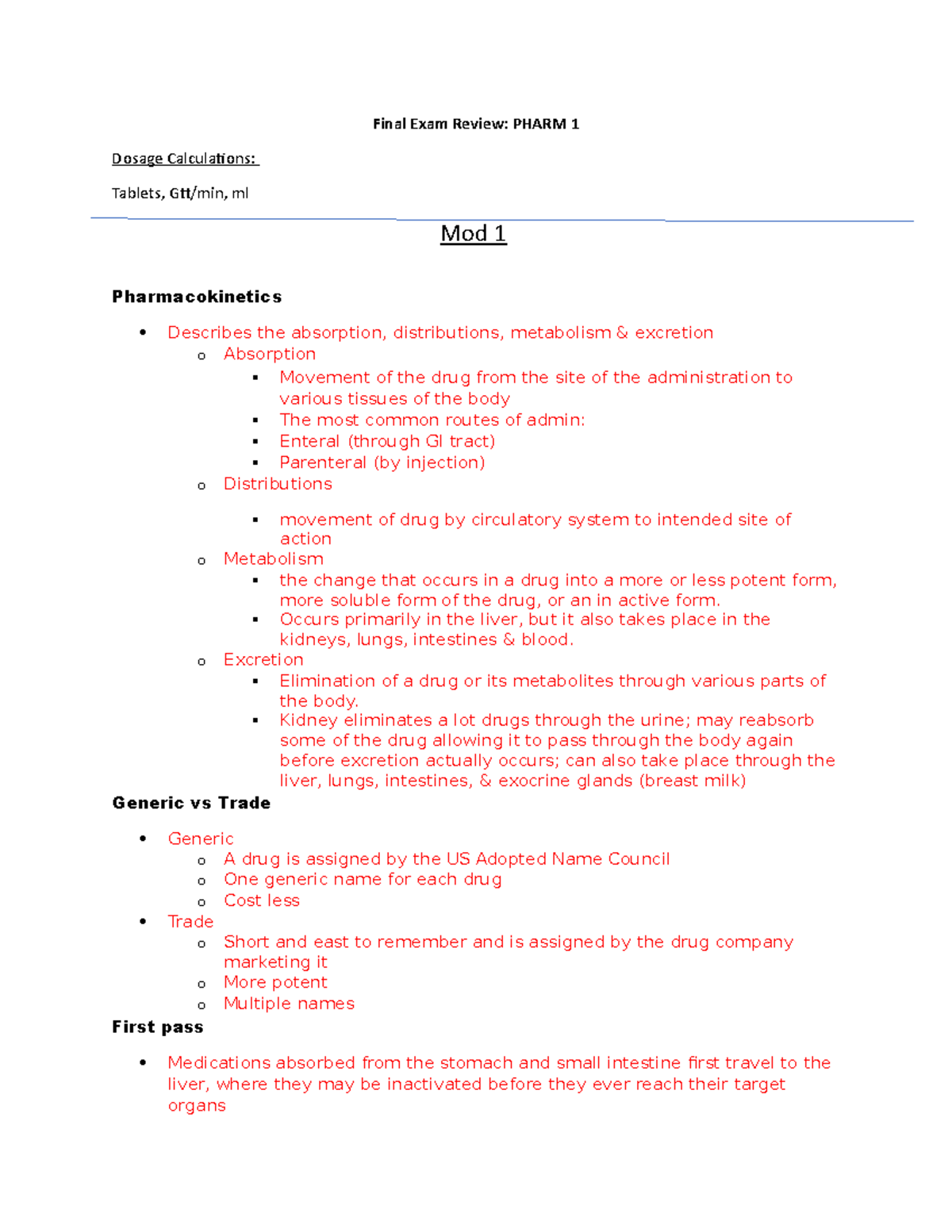 Final Exam Review Pharm - Final Exam Review: PHARM 1 Dosage ...