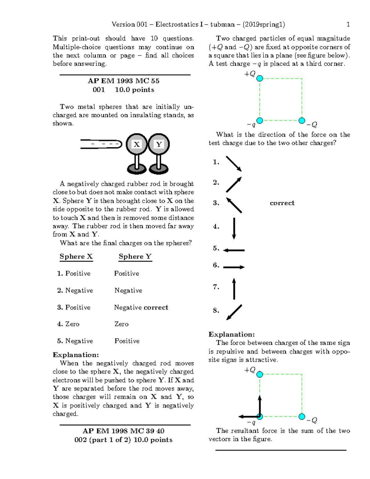 Electrostatics I Quest KEY - This print-out should have 10 questions ...