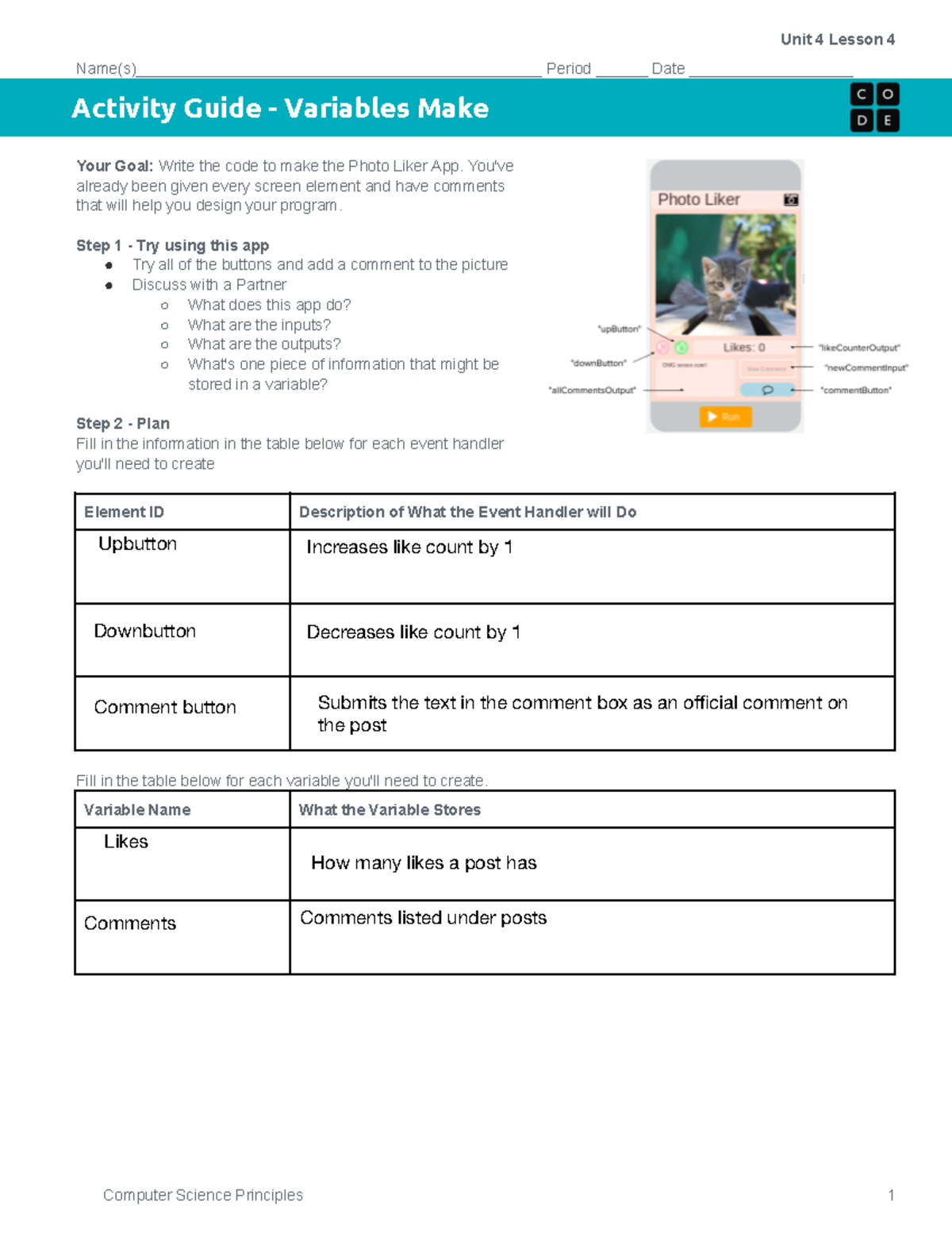 Activity Guide - Variables Make - Unit 4 Lesson 4 ef5cd6410072 c4895528022459 dc55be - Unit 4 ...