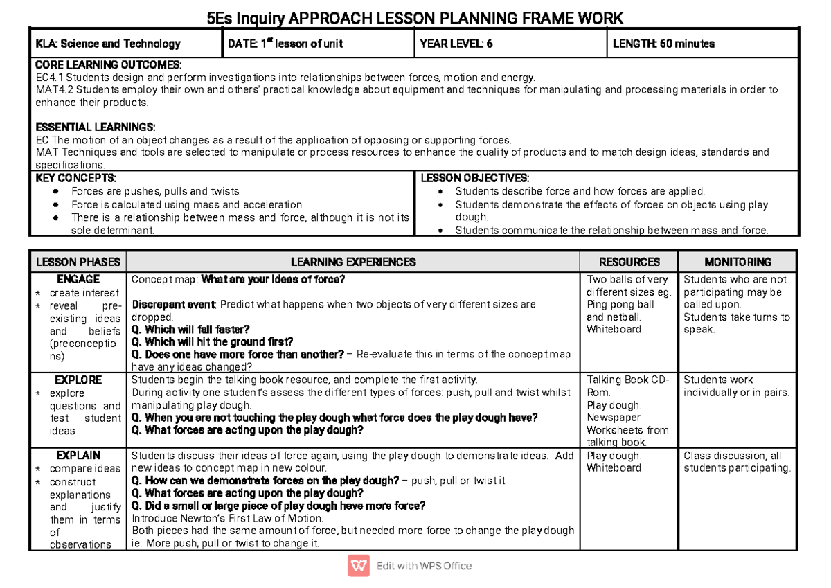 LP100 5Es Lesson Plan - 5 EsInquiryAPPROACHLESSONPLANNINGFRAMEWORK KLA ...