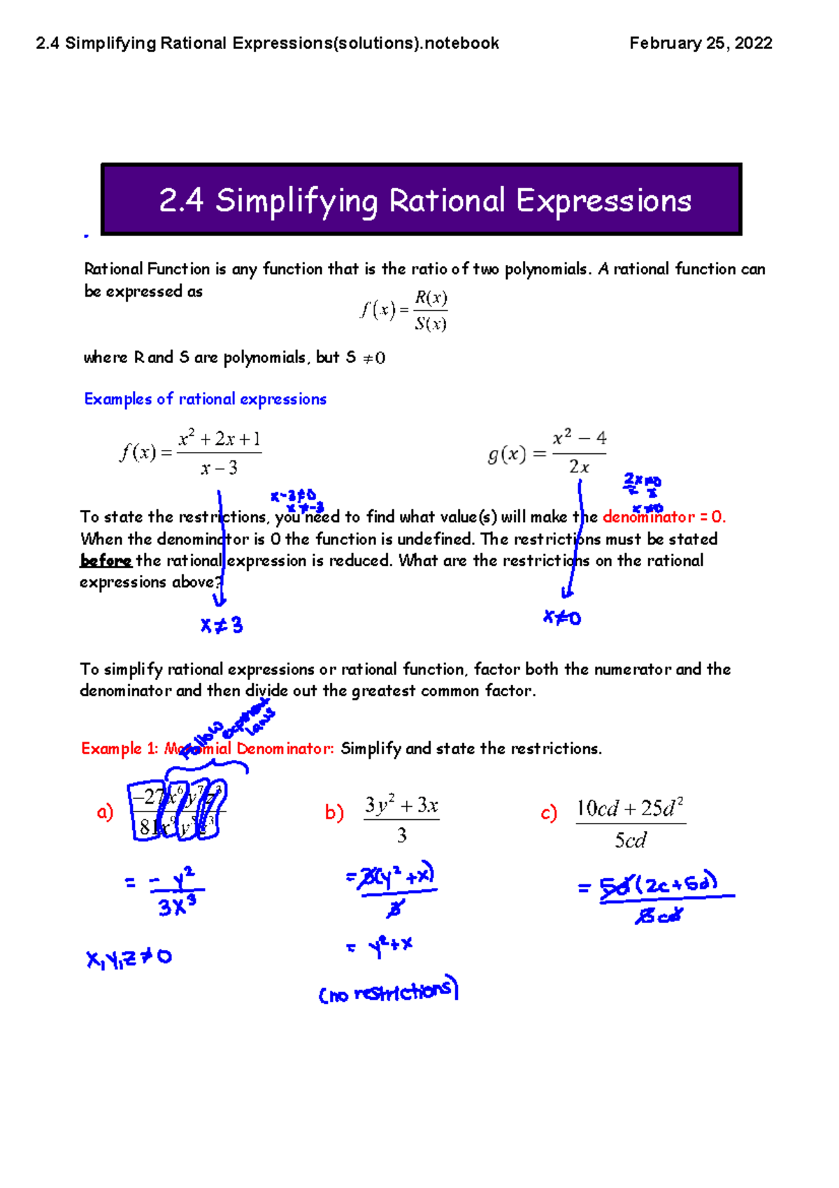 2.4 Simplifying Rational Expressions(solutions) - notebook February 25 ...