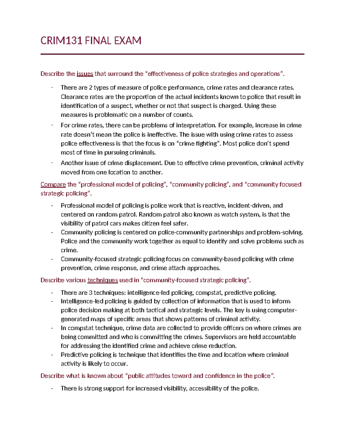 CRIM131 Final EXAM - Summary Introduction to the Criminal Justice ...