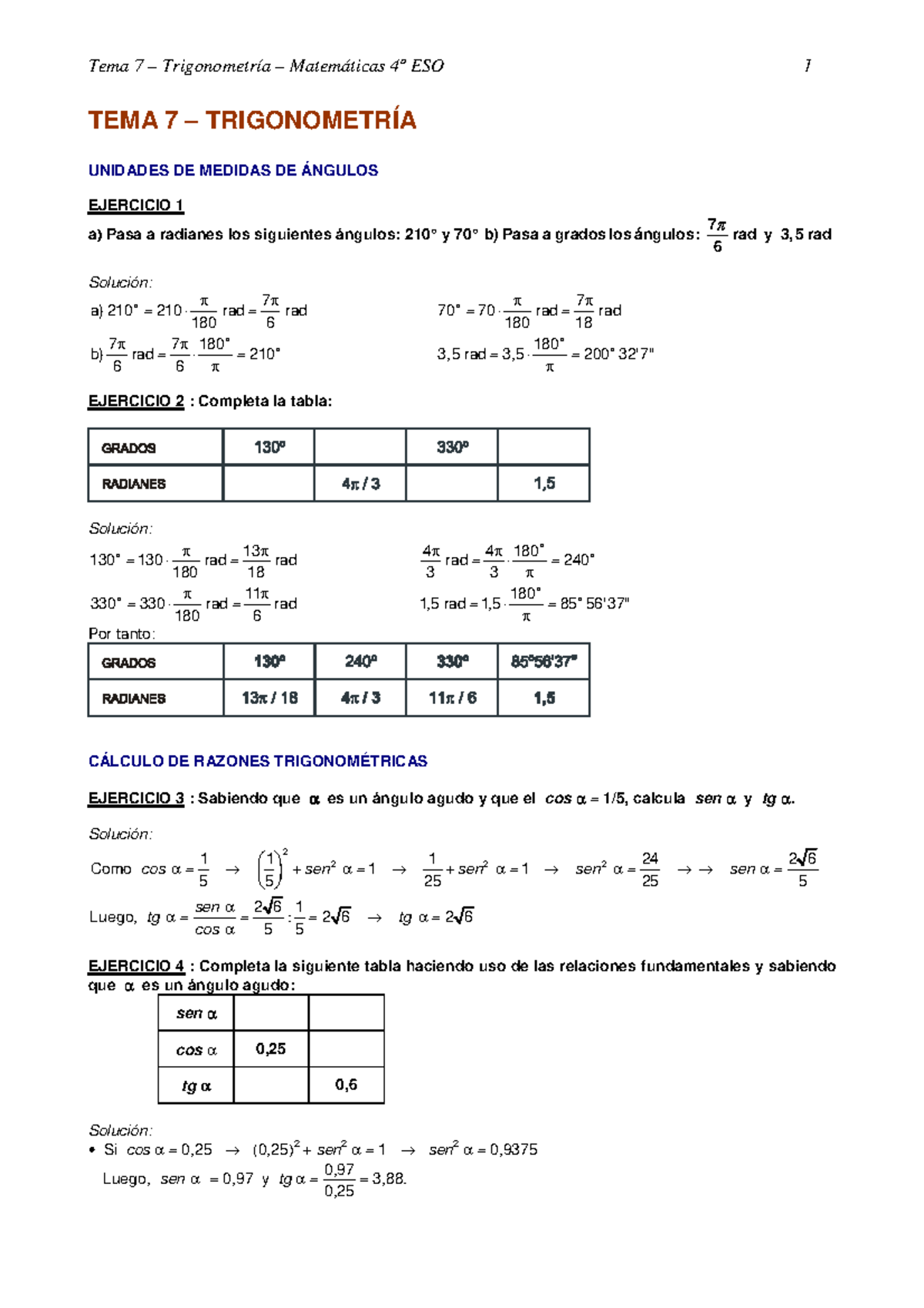 Ejercicios resueltos trigo - TEMA 7 – TRIGONOMETRÍA ####### UNIDADES DE MEDIDAS DE ÁNGULOS ...