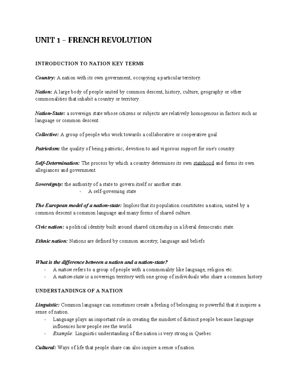 Unit 1 Social notes - UNIT 1 - FRENCH REVOLUTION INTRODUCTION TO NATION ...